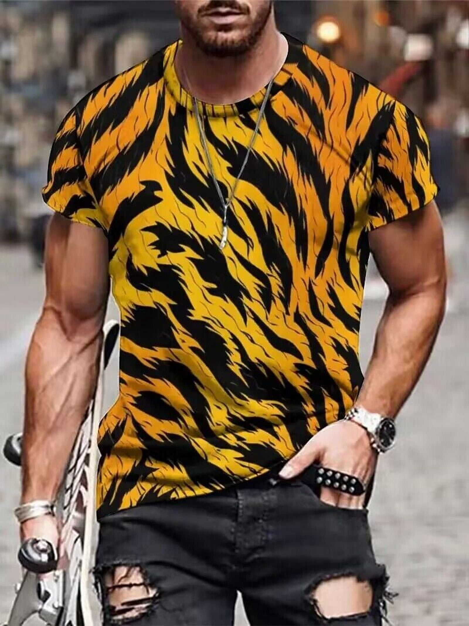 Abstract Tiger Fur Print Novelty Yellow Black Casual Tee - Walmart.com