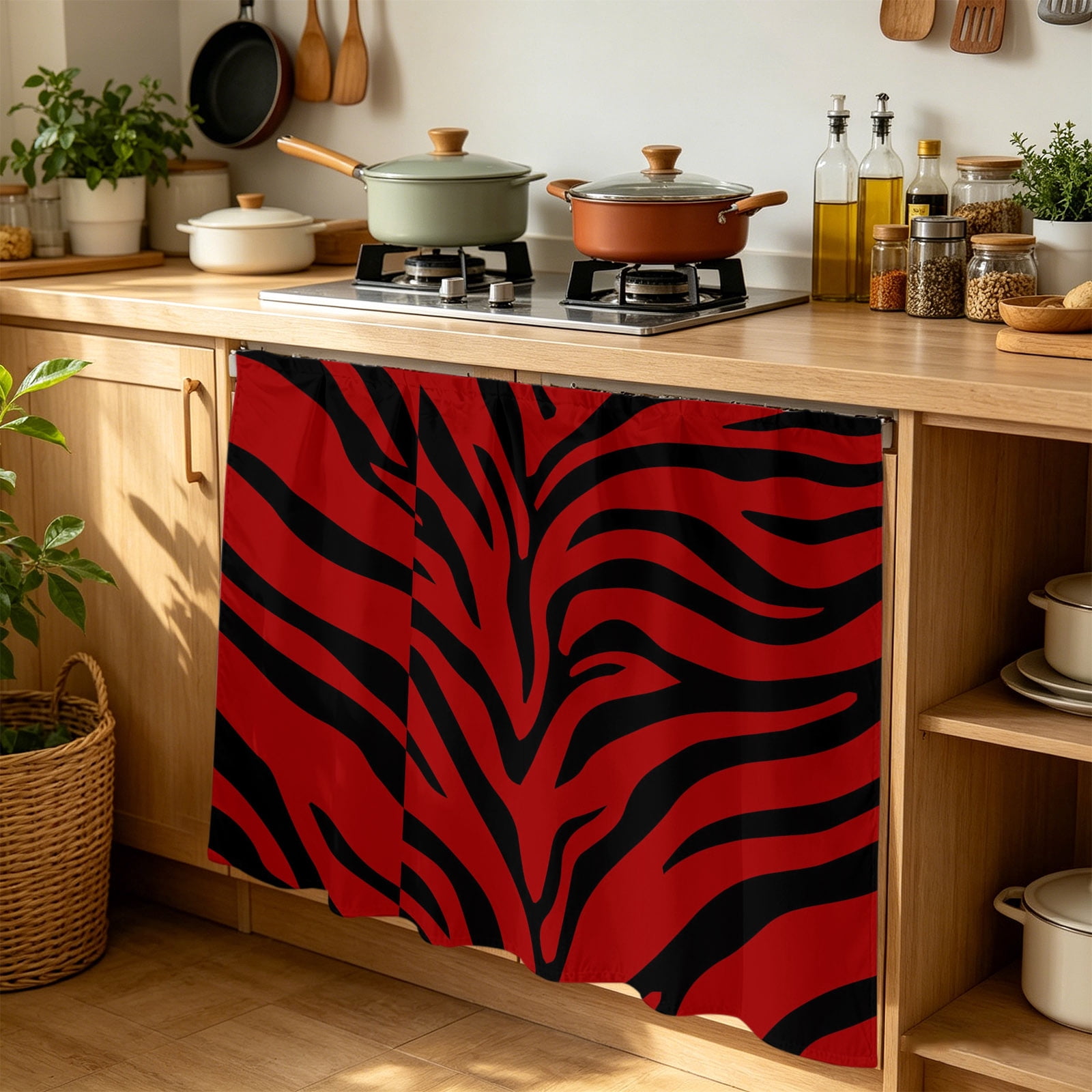Abstract Tiger Print Cabinet Curtains 35" W x 35" L Red Black Animal ...