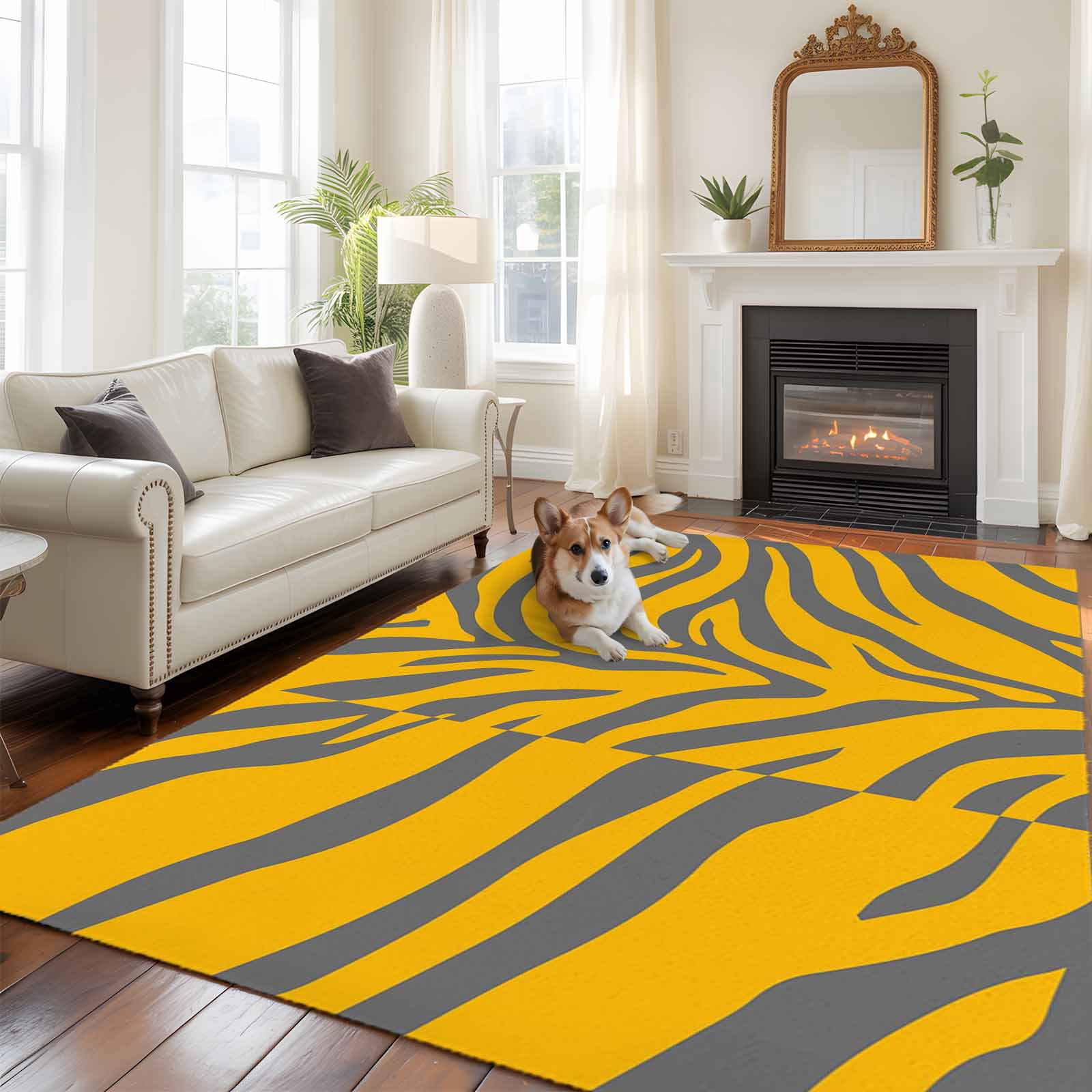 Abstract Tiger Print Large Area Rugs 8x10 ft Yellow Grey Animal Fur ...
