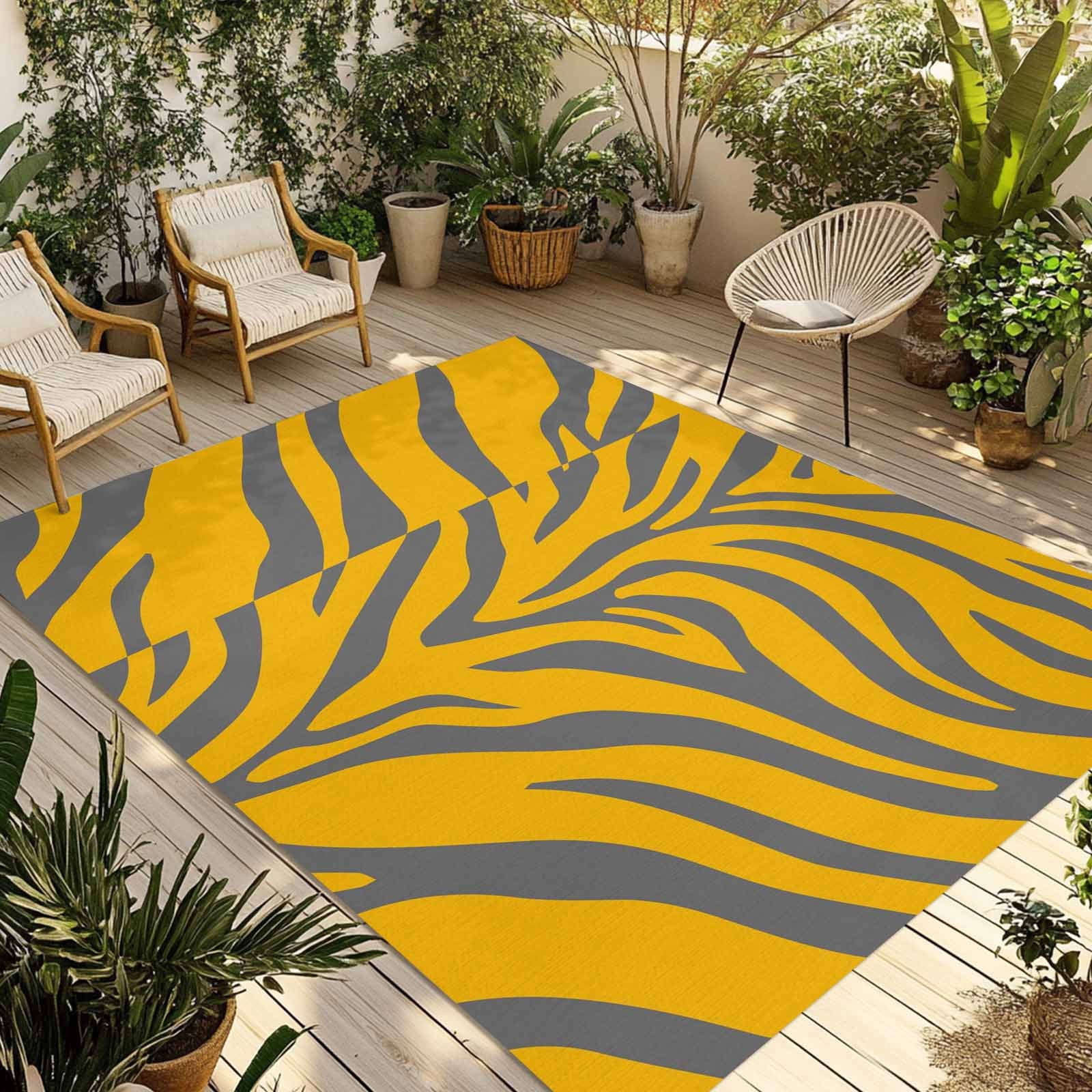 Abstract Tiger Print Outdoor Rug, Yellow Grey Animal Fur Texture Modern ...