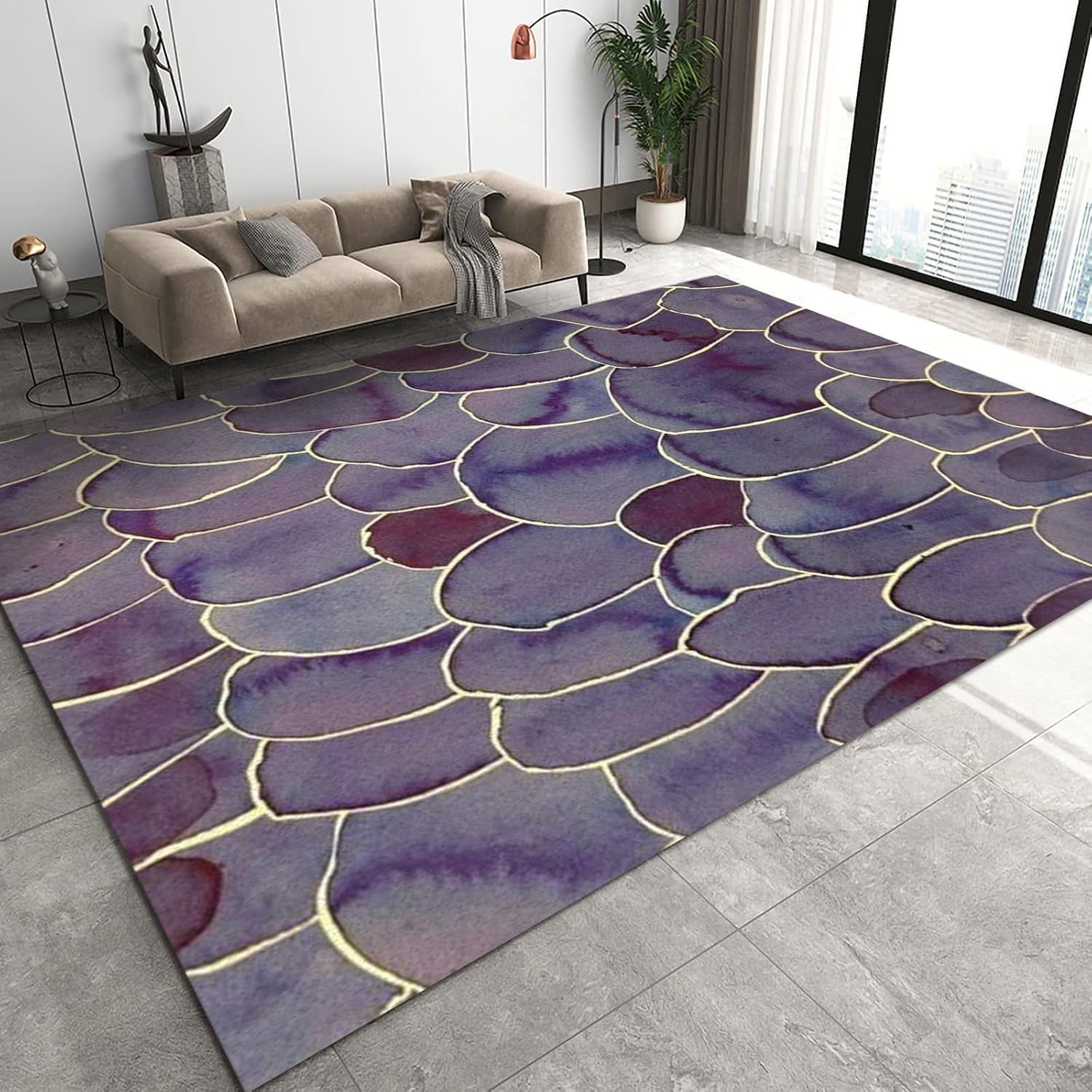 Abstract Tile Scales Marble Area Rugs, Golden Oval Curved Line Stripes ...