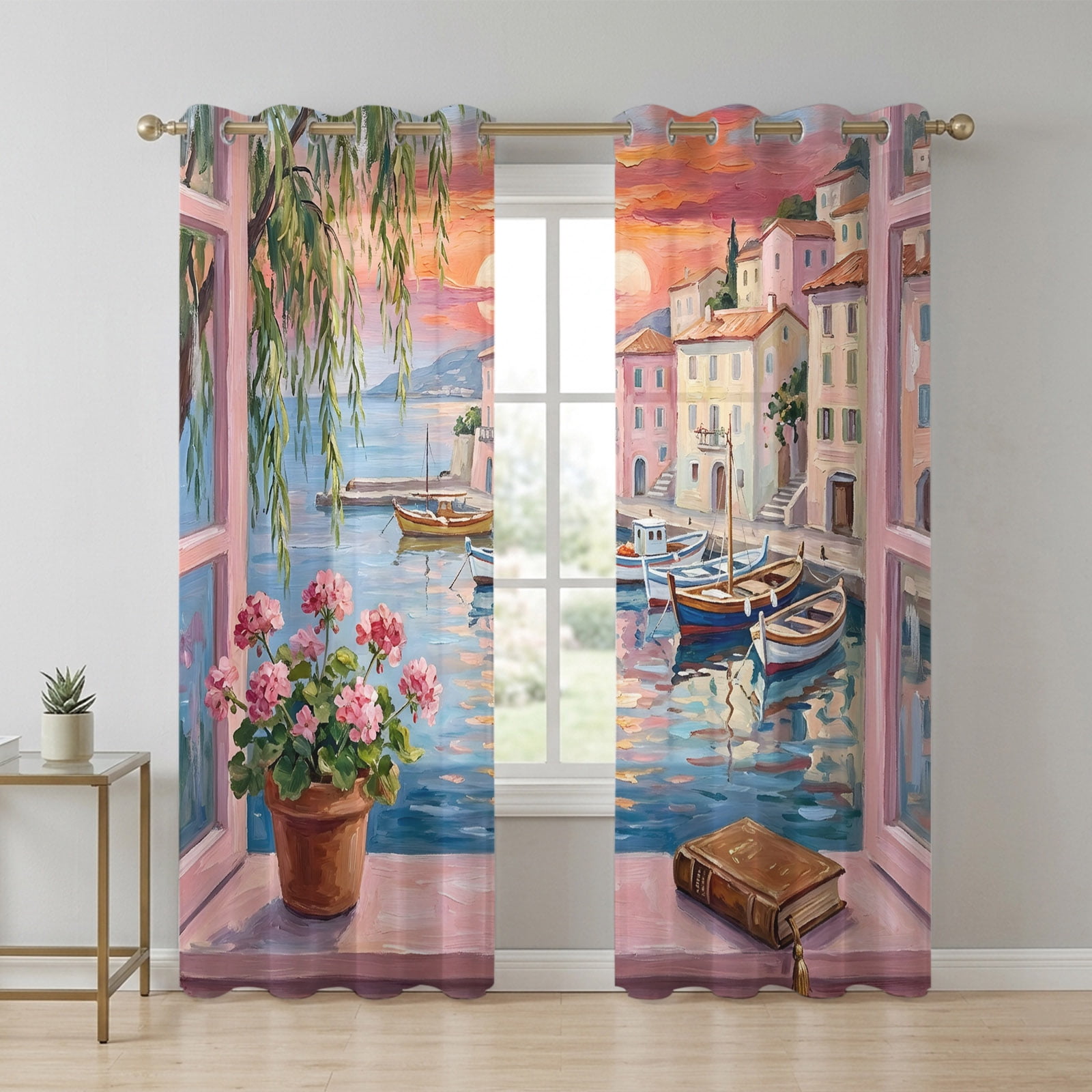 Abstract Town Sheer Curtains 96 Inch Long 2 Panels, Sailboat Houses ...