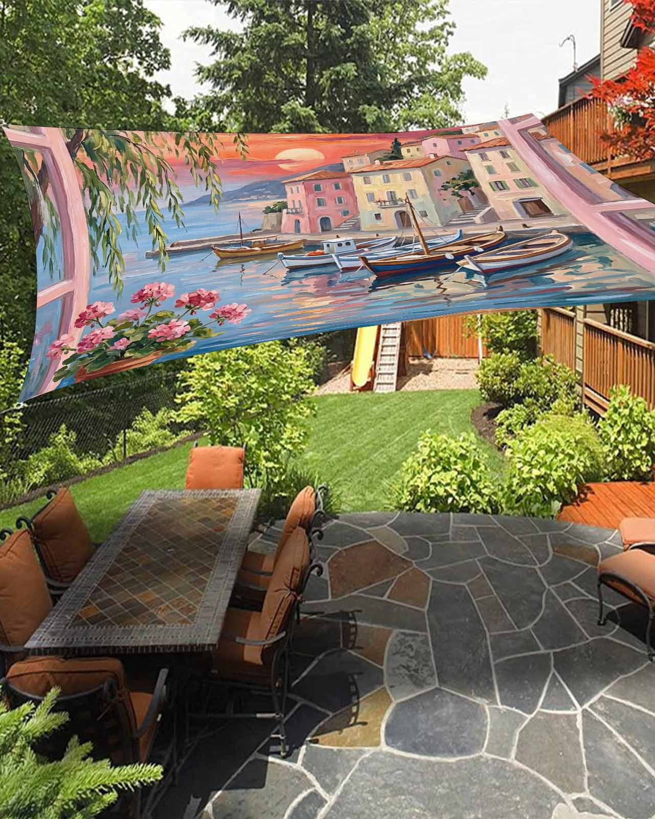 Abstract Town Sun Shade Sail 8'X10' Sailboat Houses Pink Flower Book ...