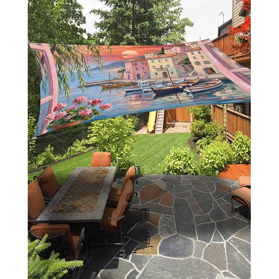 Abstract Town Sun Shade Sail 8'X10' Sailboat Houses Pink Flower Book ...