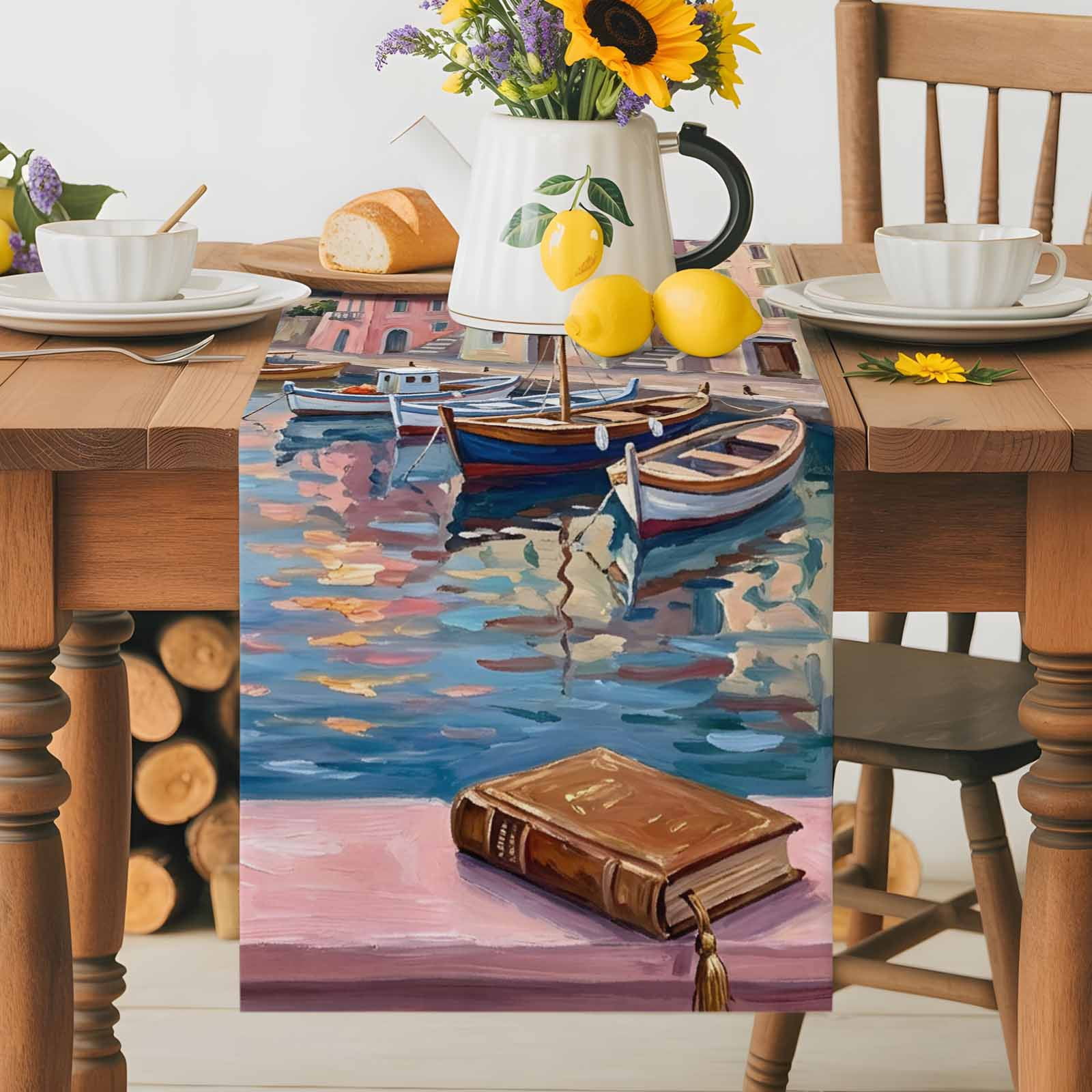 Abstract Town Table Runner 13x108 Inch Sailboat Houses Pink Flower Book ...