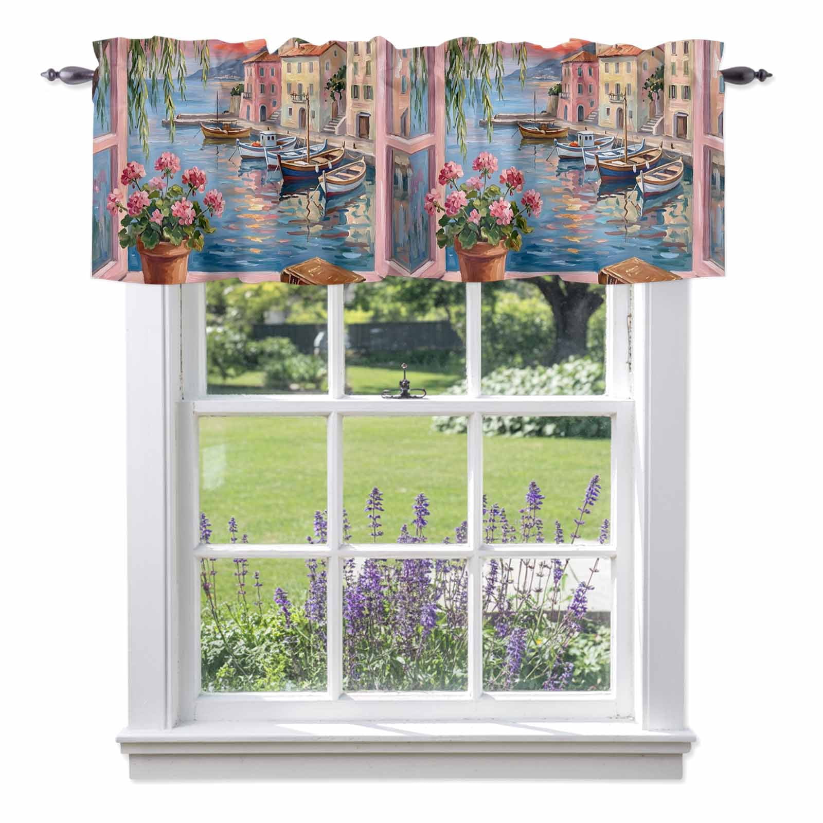 Abstract Town Valances for Windows, Sailboat Houses Pink Flower Book ...