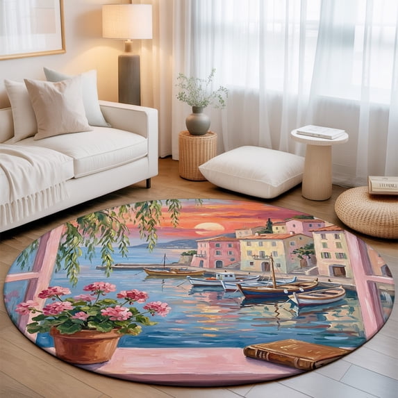Abstract Town Washable Round Area Rug 3 ft, Sailboat Houses Pink Flower ...