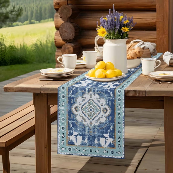 Abstract Traditional Oriental Floral Table Runner 60 Inch Long Teal ...