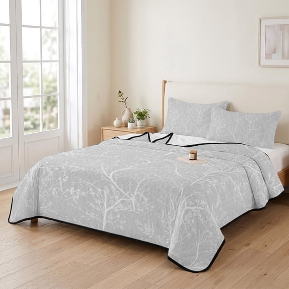 Abstract Tree Branch on Gray 3 Pieces Quilt Set,1 Quilt with 2 Shams ...