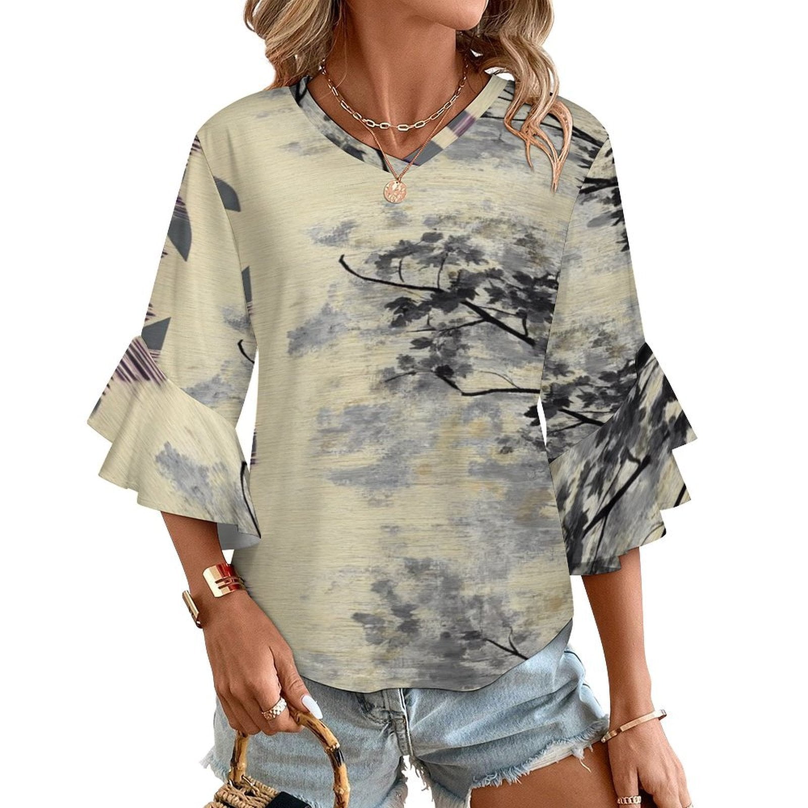 Abstract Tree Gray Design Art Women's V-Neck Blouse With 3/4 Ruffled ...