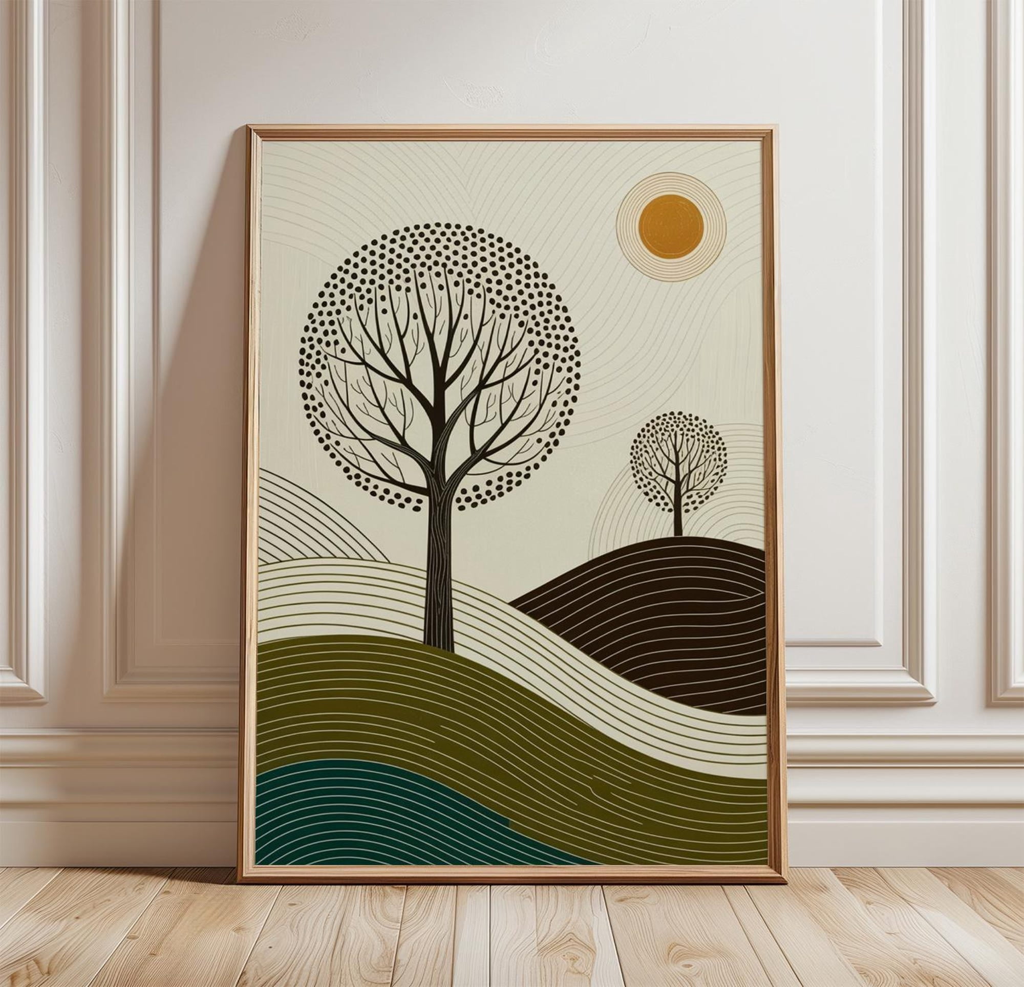 Abstract Tree Landscape Poster Green Rolling Hills Art Minimal Nature ...