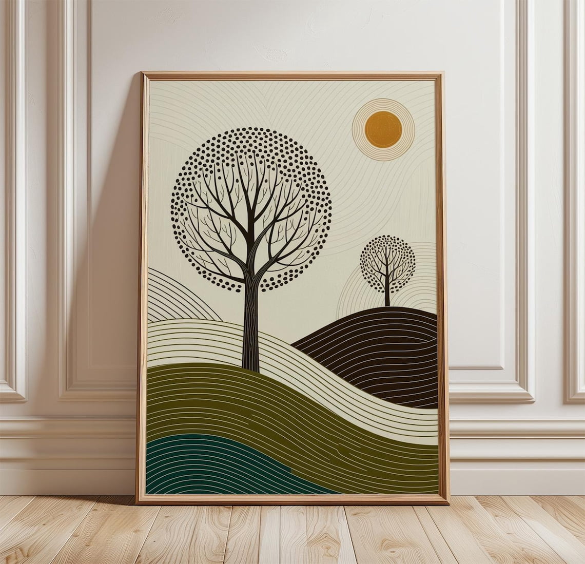 Abstract Tree Landscape Poster Green Rolling Hills Minimal Nature Art ...