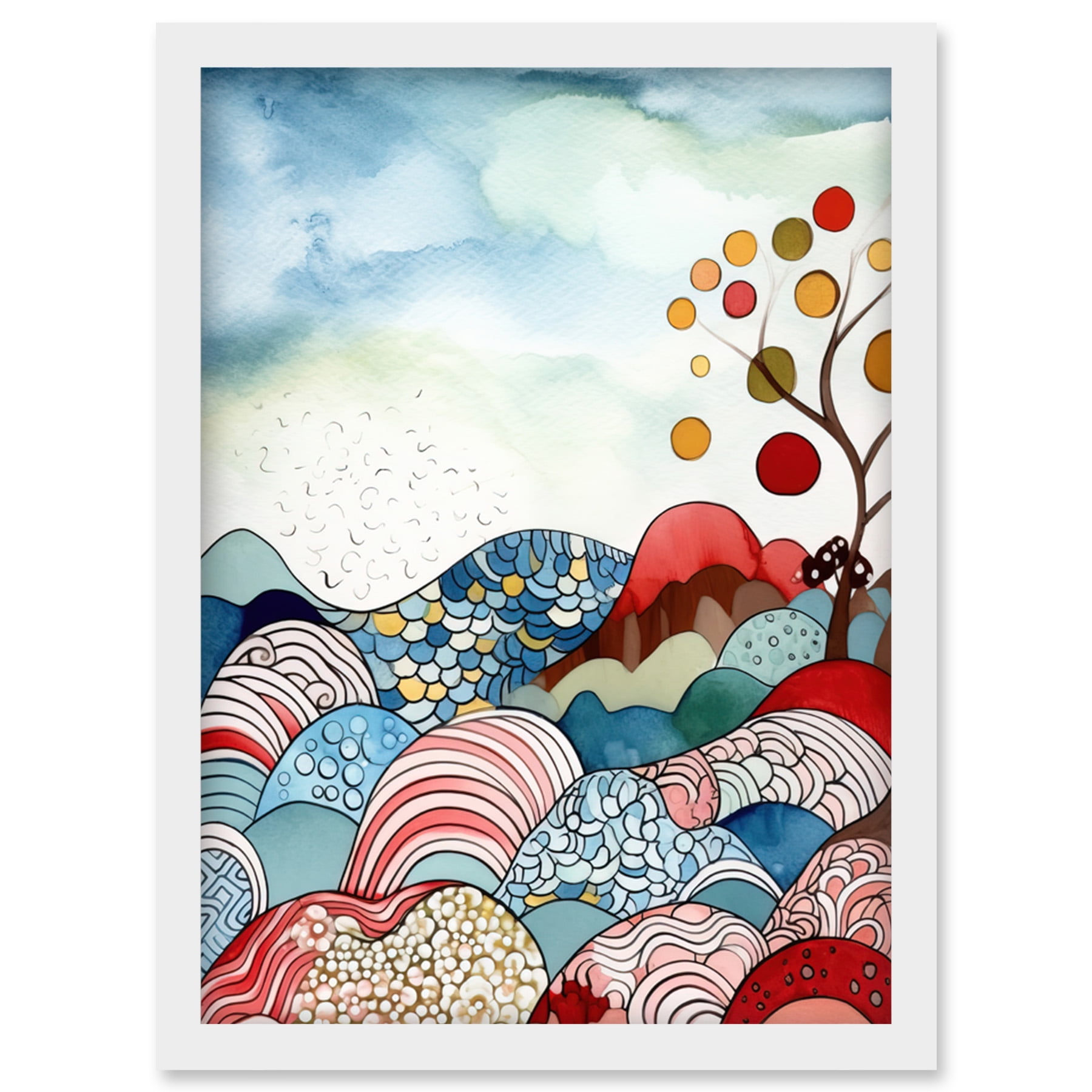 Abstract Tree On Sea And Landscape Folk Art Artwork Framed Wall Art ...