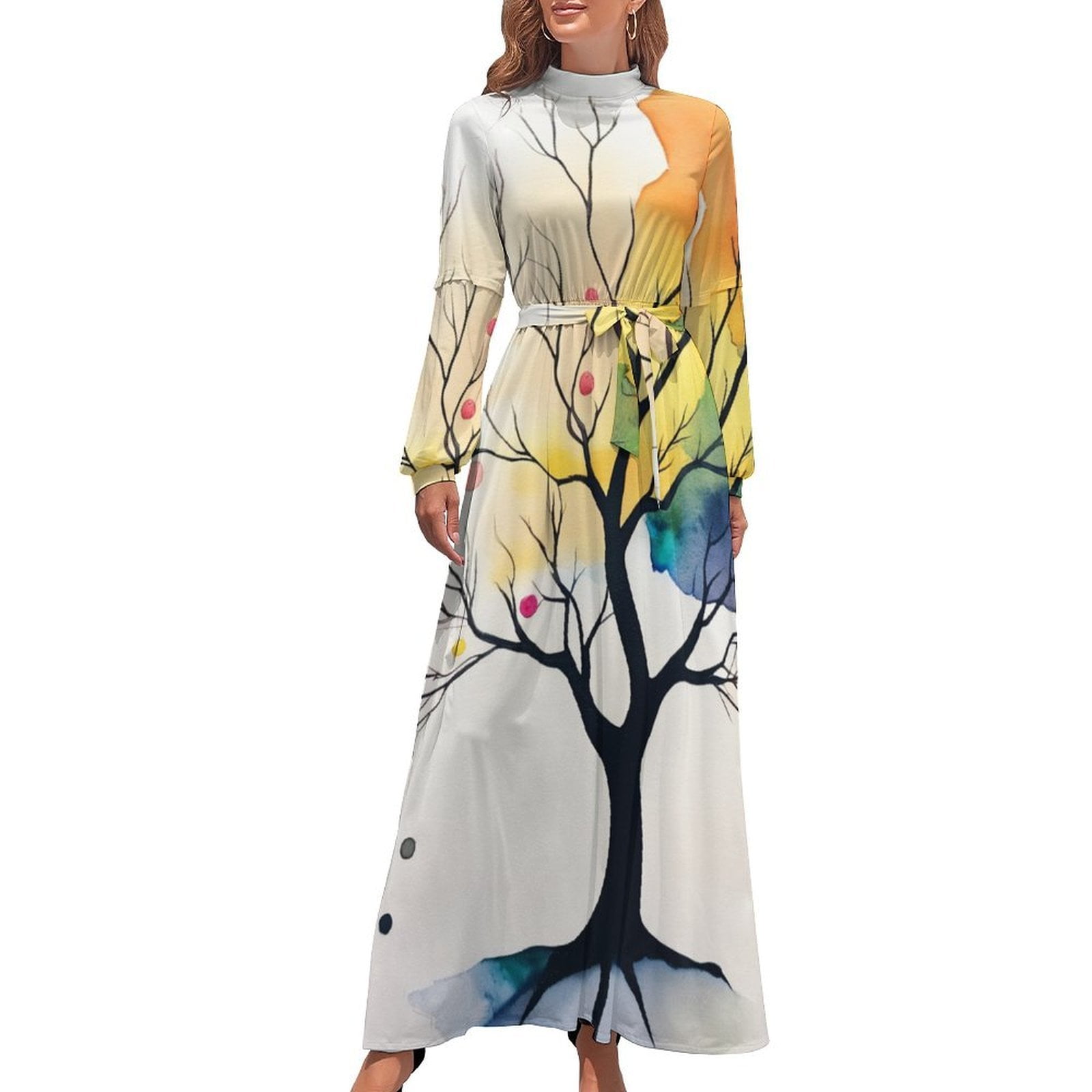 Abstract Tree Splash Art Women's Long Dress Long Sleeves Dress Vintage ...