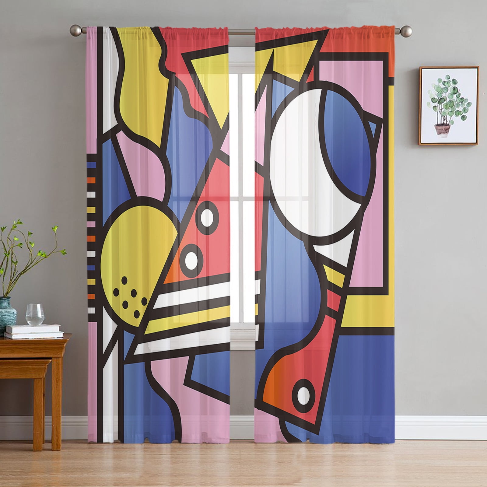 Abstract Triangle Gradient Color Block Voile Sheer Curtains Living Room ...