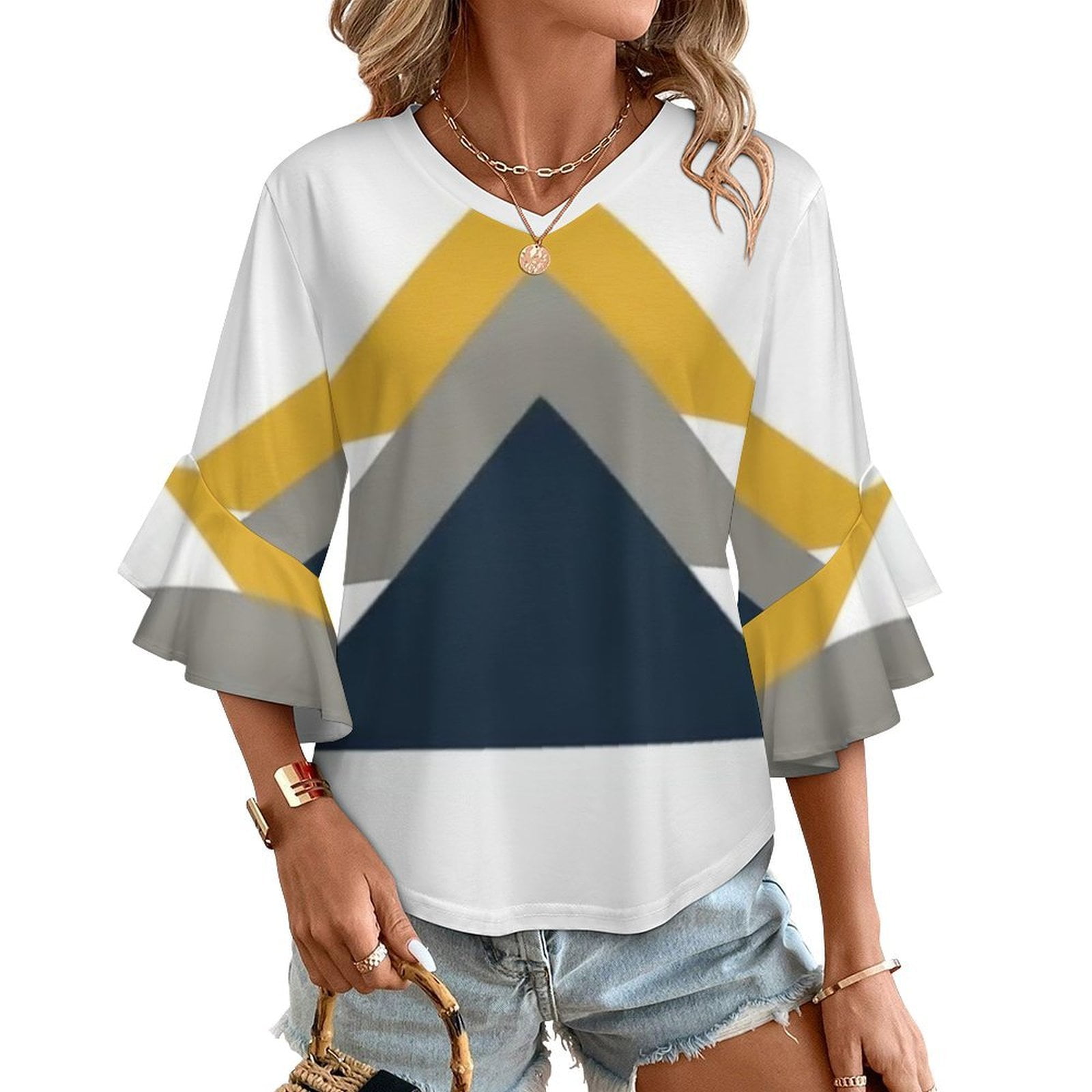 Abstract Triangles Geometric Art Print Women's V-Neck Blouse With 3/4 ...