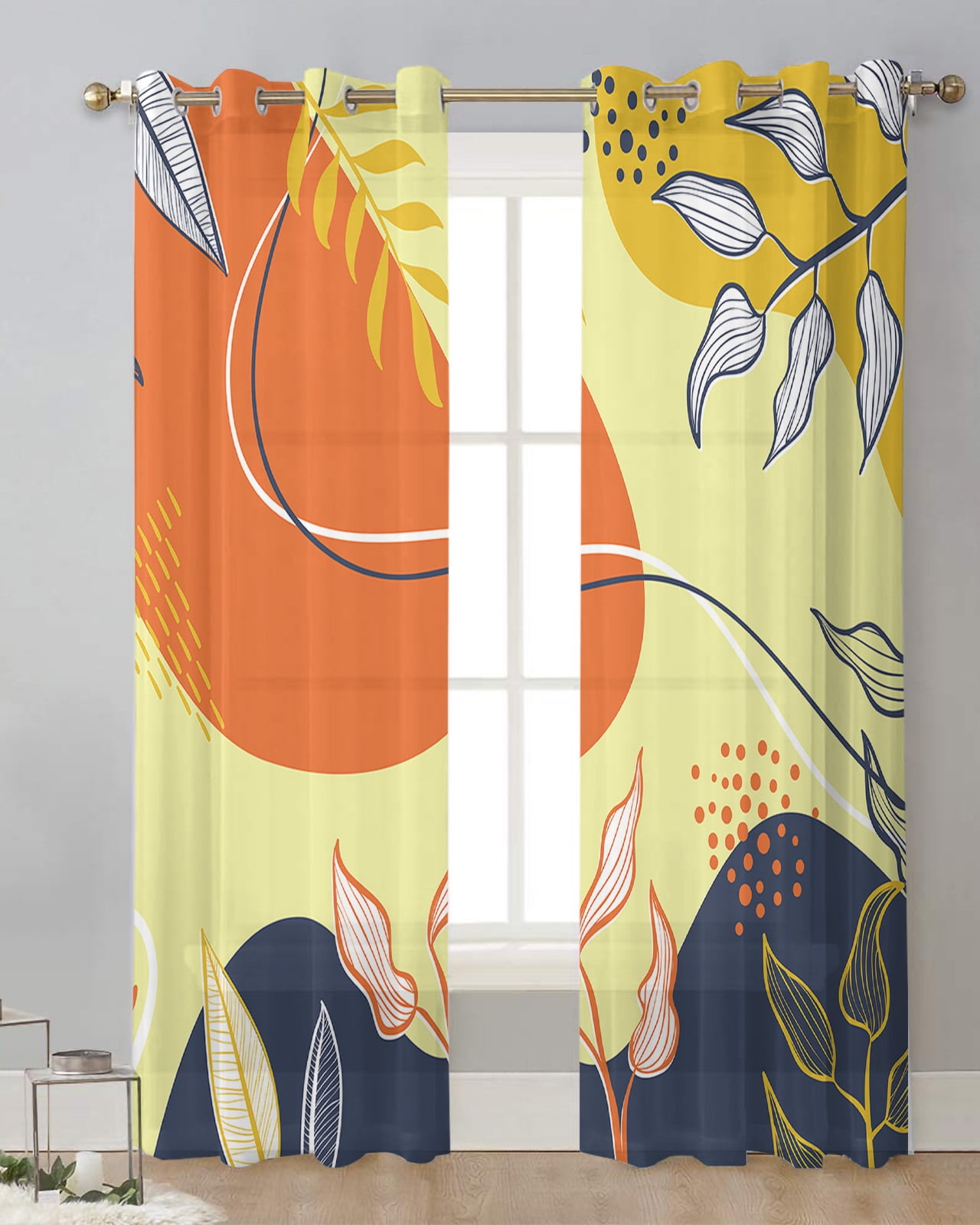 Abstract Tropical Bohemian Khaki Leaves Tulle Curtains for Living Room ...