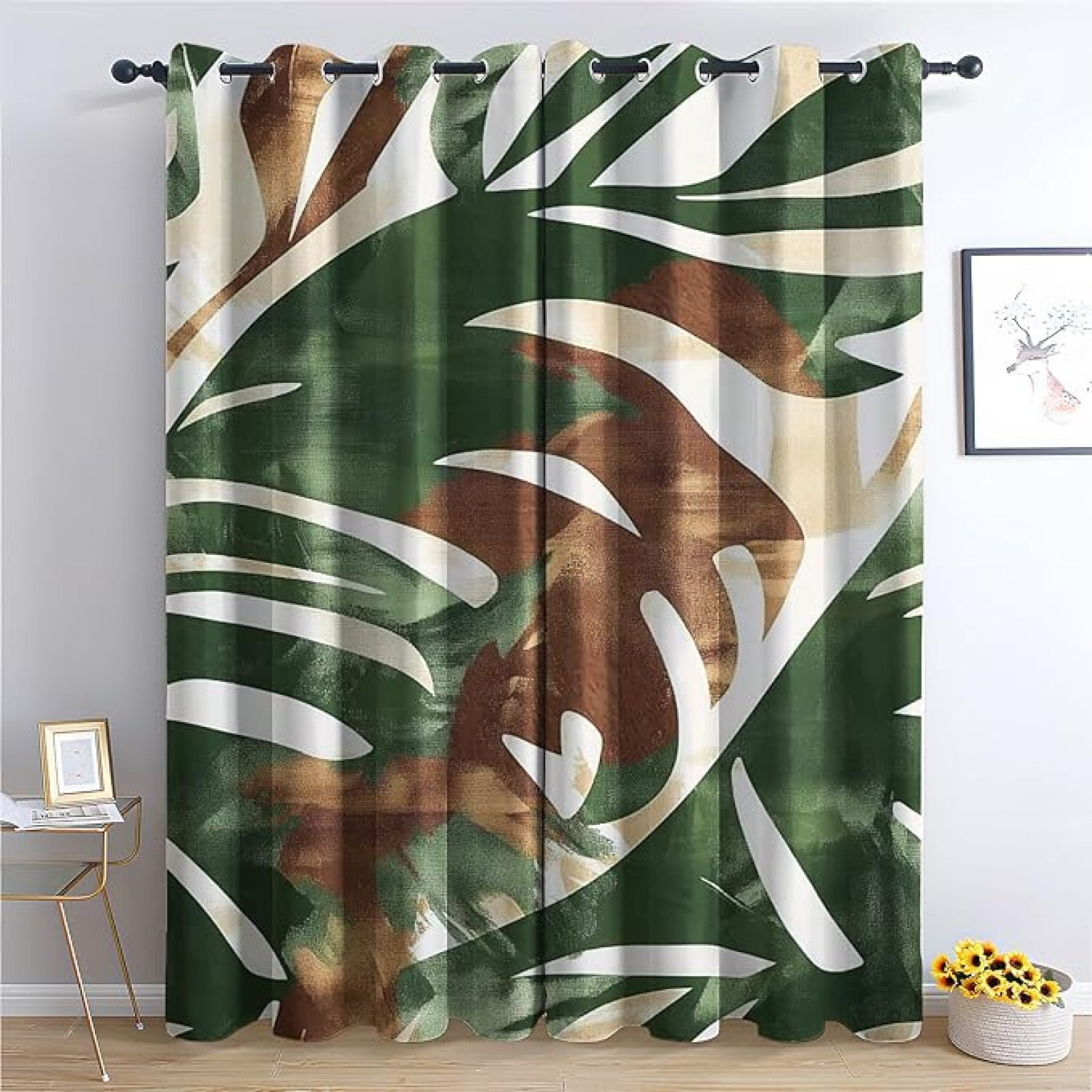 Abstract Tropical Leaf Curtains, Green And Brown Monstera Patterned ...