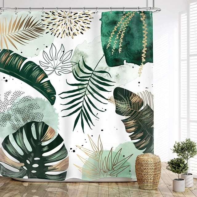 Abstract Tropical Leaf Shower Curtain 72Wx72L Boho Watercolor Green ...