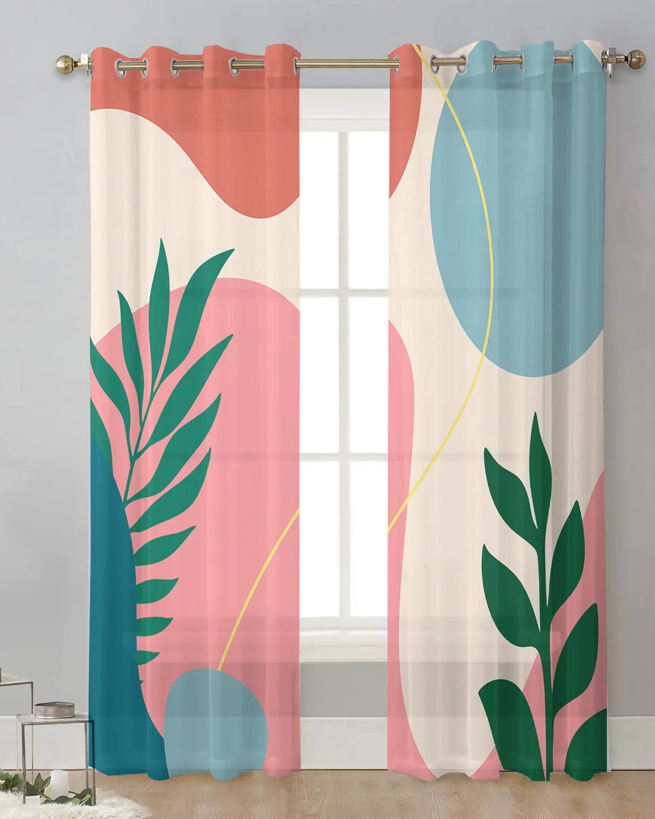 Abstract Tropical Leaves Mid Century Bedroom Voile Curtain Window ...