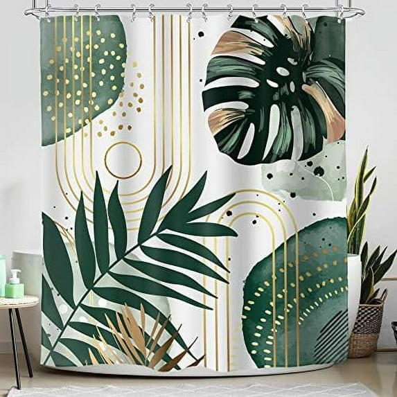 Abstract Tropical Leaves Shower Curtain Boho Green Gold Palm Leaf ...