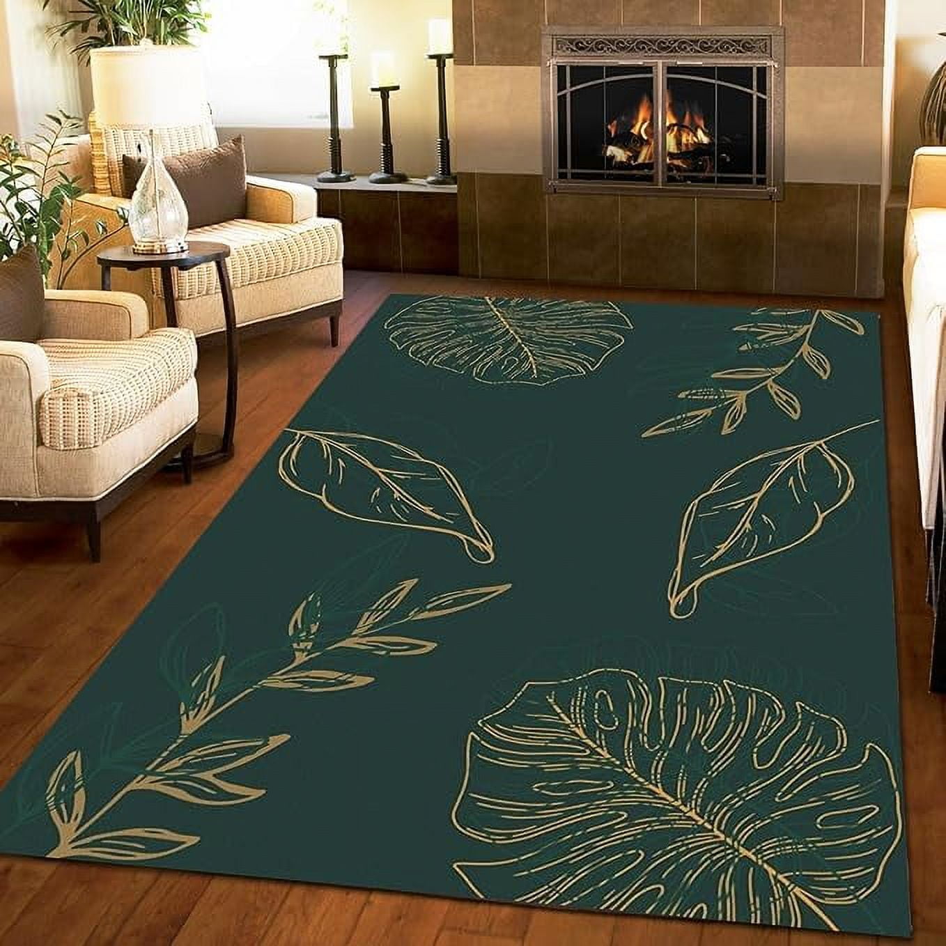 Abstract Tropical Plants Area Rug, Golden Palm Leaves Emerald Green ...