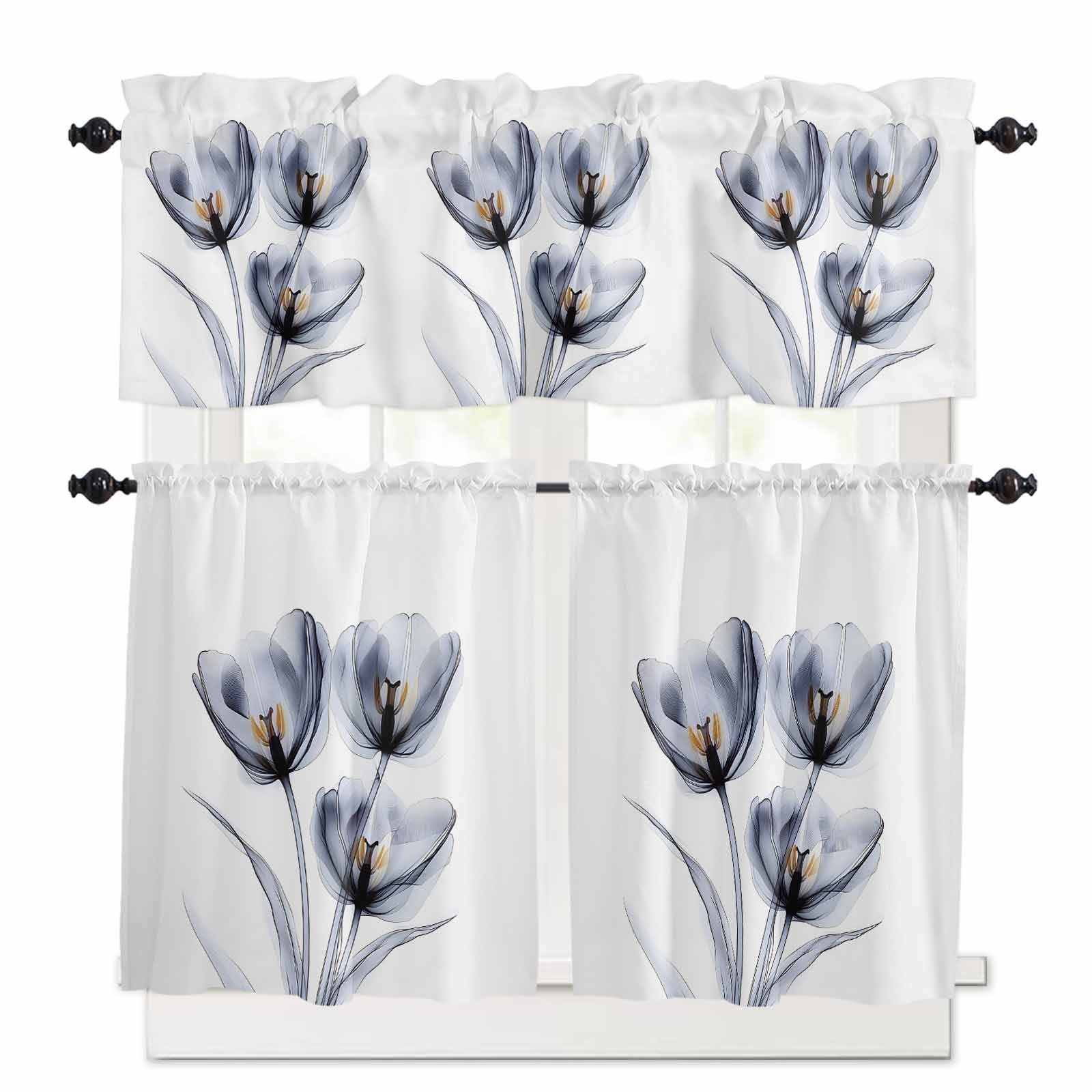 Abstract Tulip Flower Kitchen Curtains Valance and Tier Set Black ...