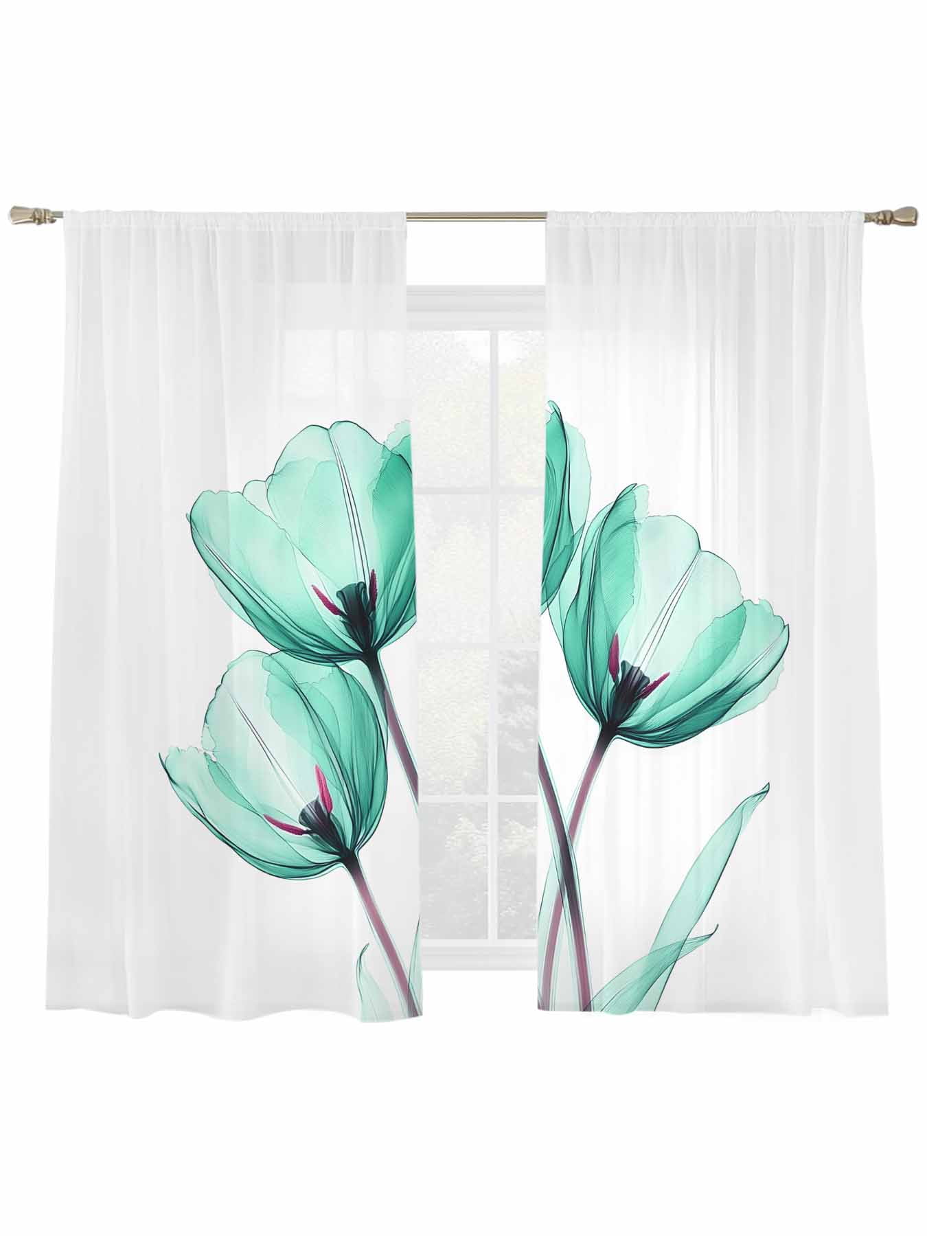 Abstract Tulip Flower Sheer Curtains 2 Panels Set Green Transparent ...