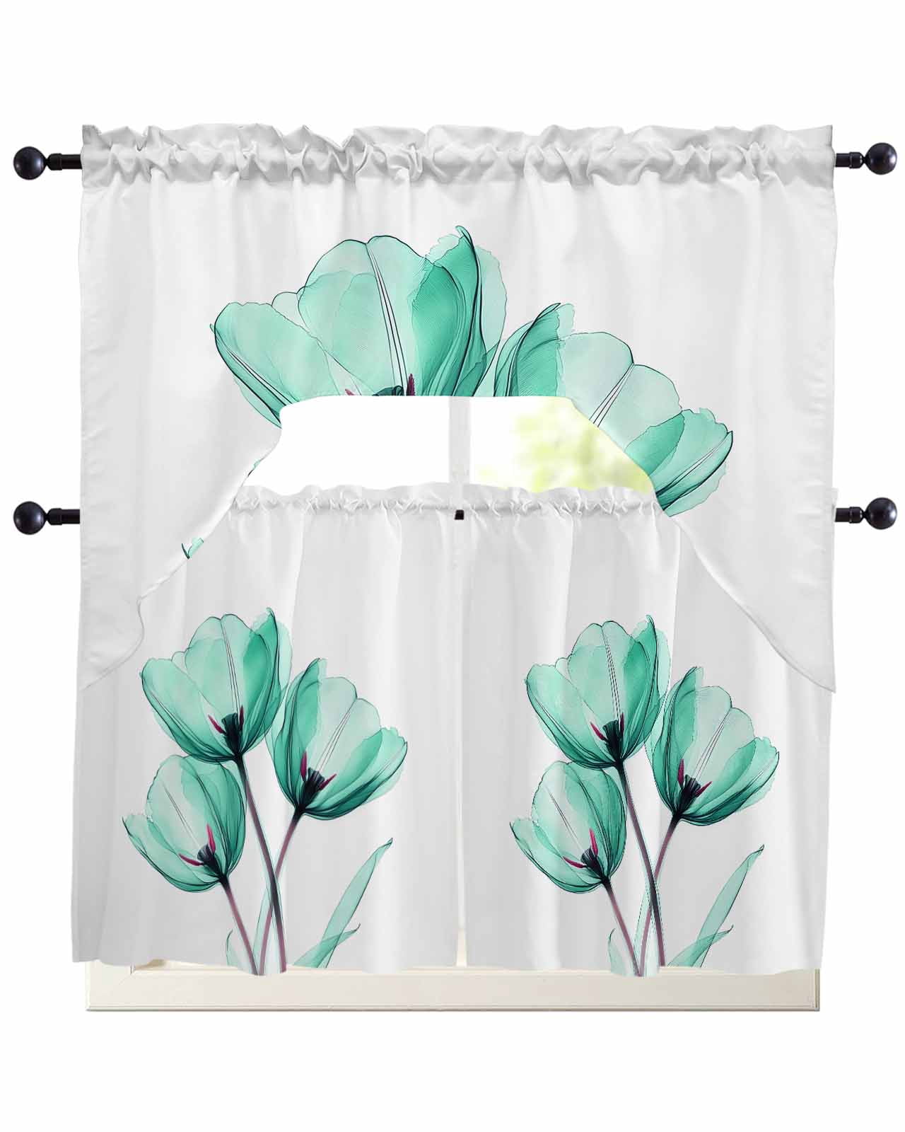 Abstract Tulip Flower Swag and Tier Curtains Set Green Transparent ...