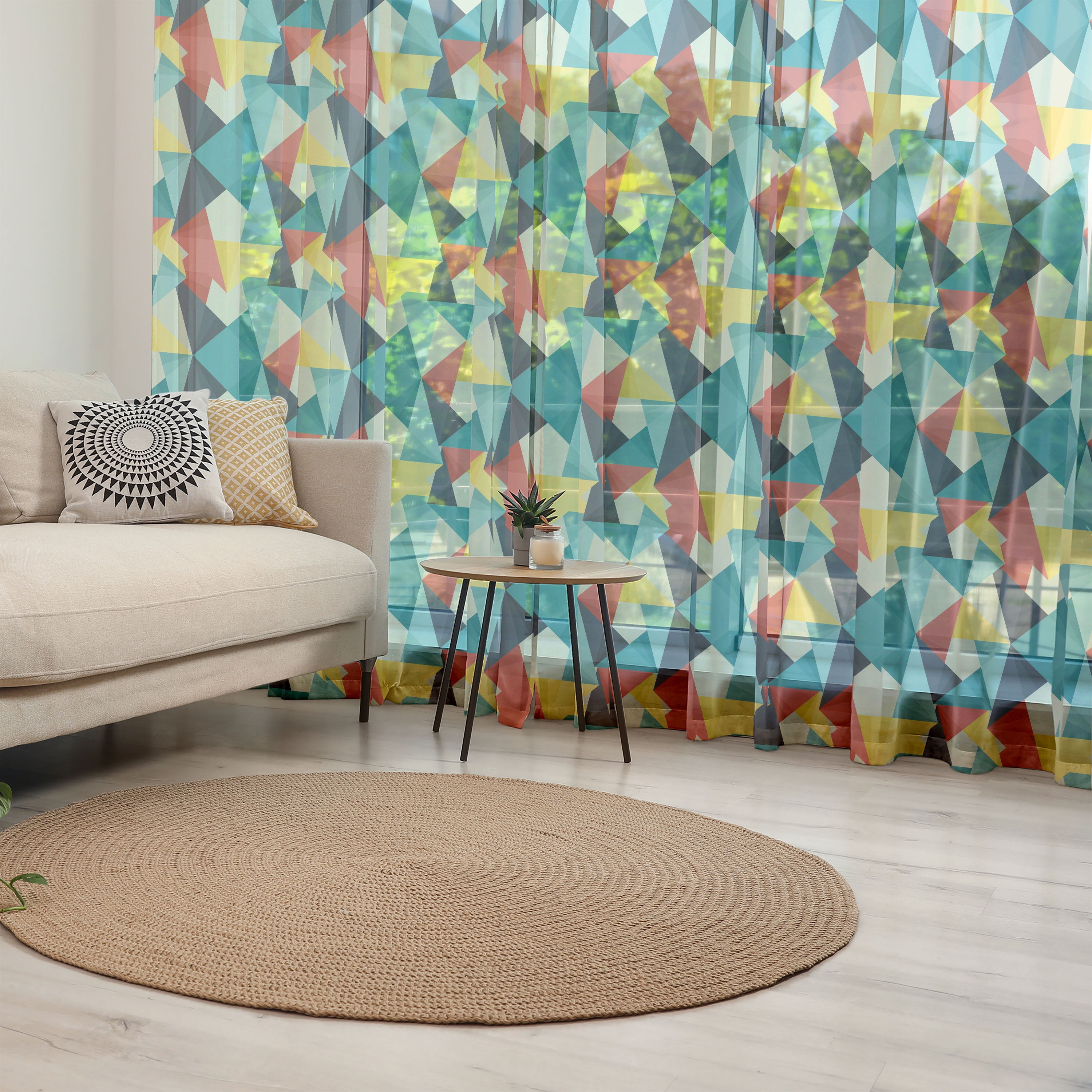 Abstract Tulle Curtains with Rod Pocket, Colorful Geometric Triangles ...