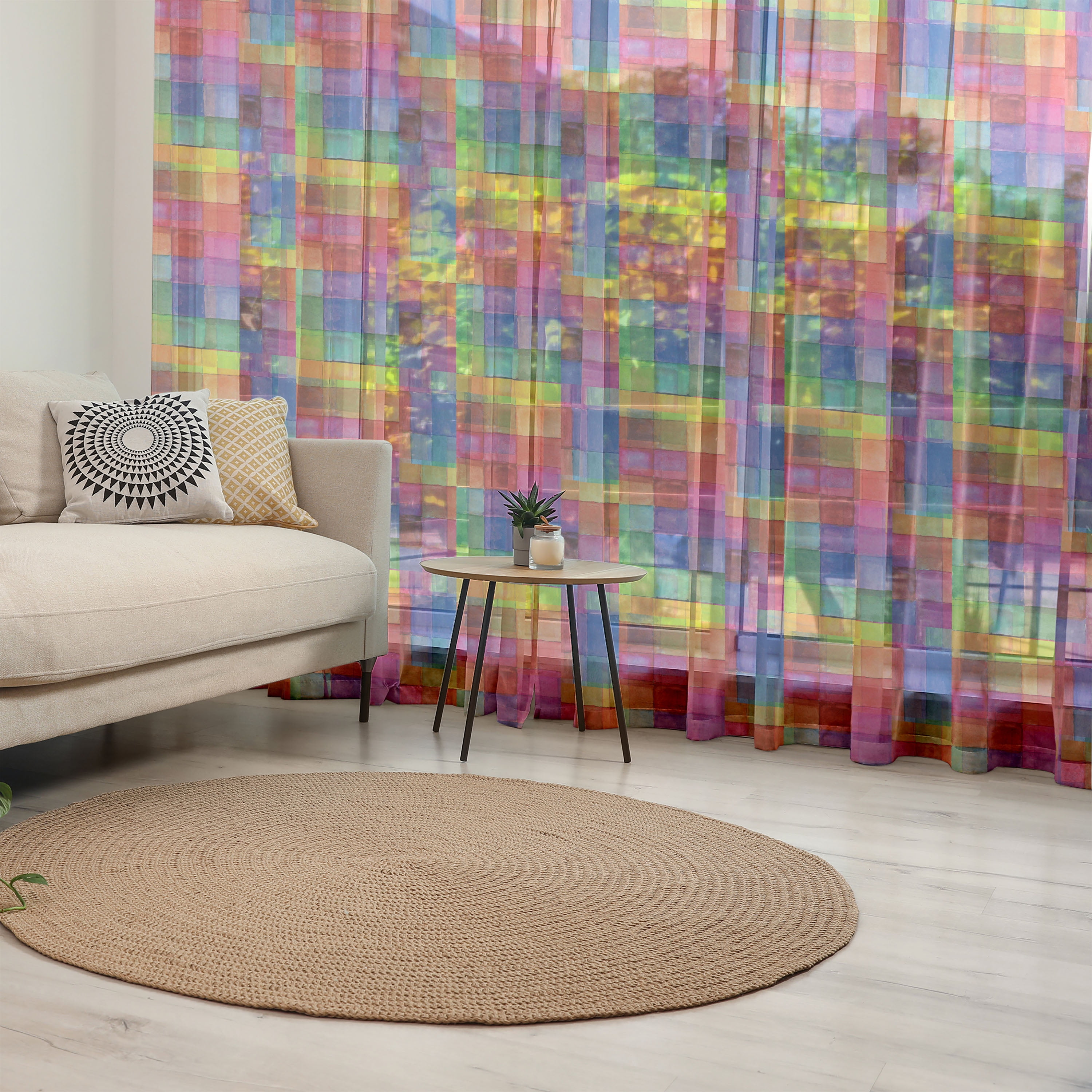 Abstract Tulle Curtains with Rod Pocket, Rainbow Colored Geometric ...