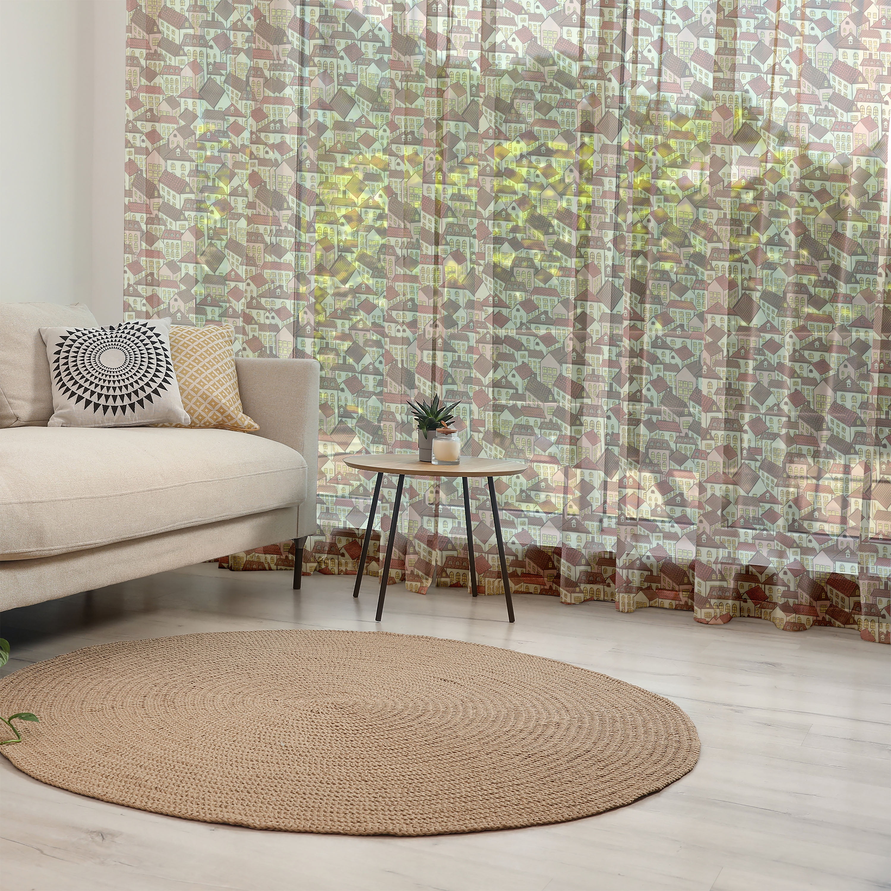 Abstract Tulle Curtains with Rod Pocket, Town Houses Pattern with Cool ...