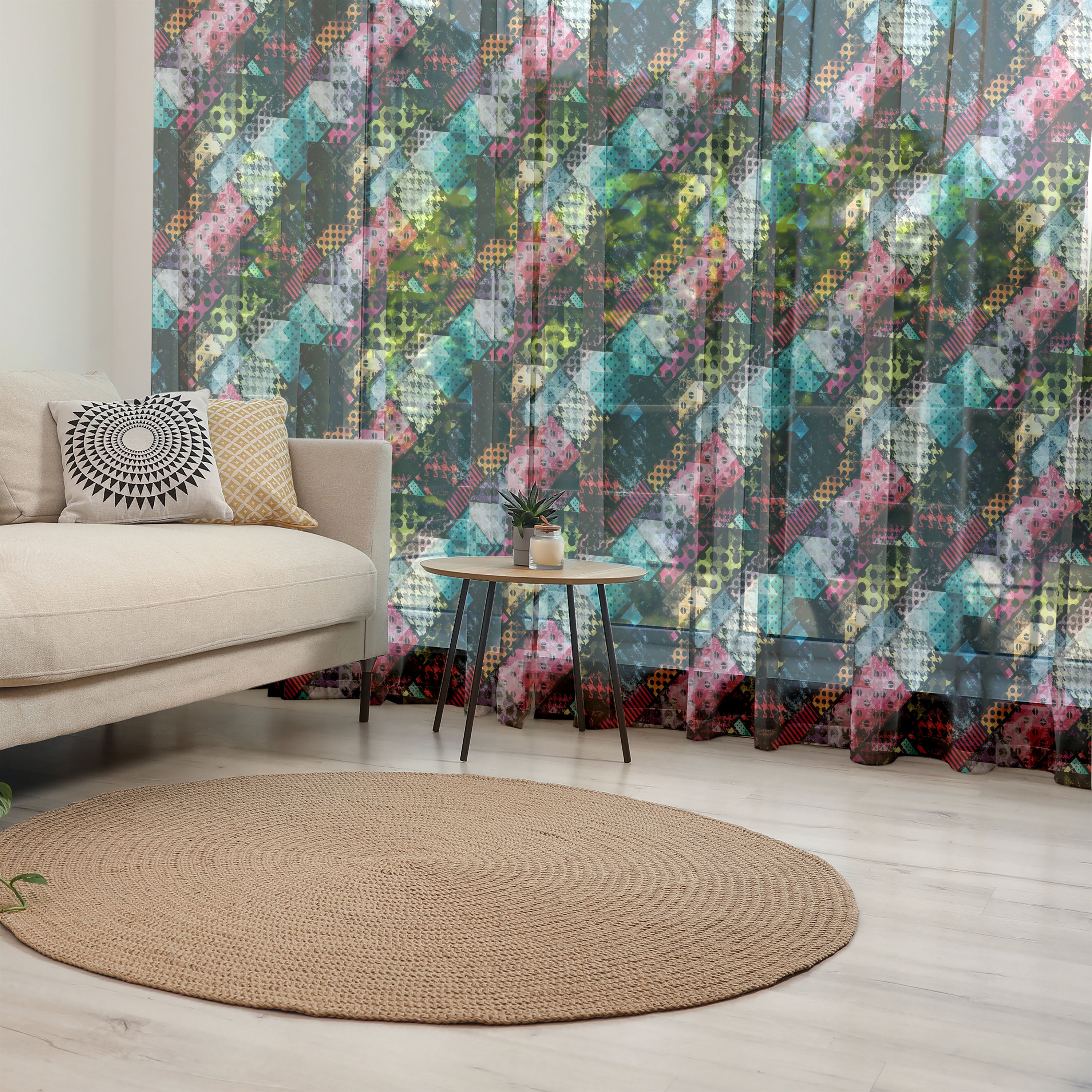 Abstract Tulle Curtains With Rod Pocket Vibrant Rectangles Traditional