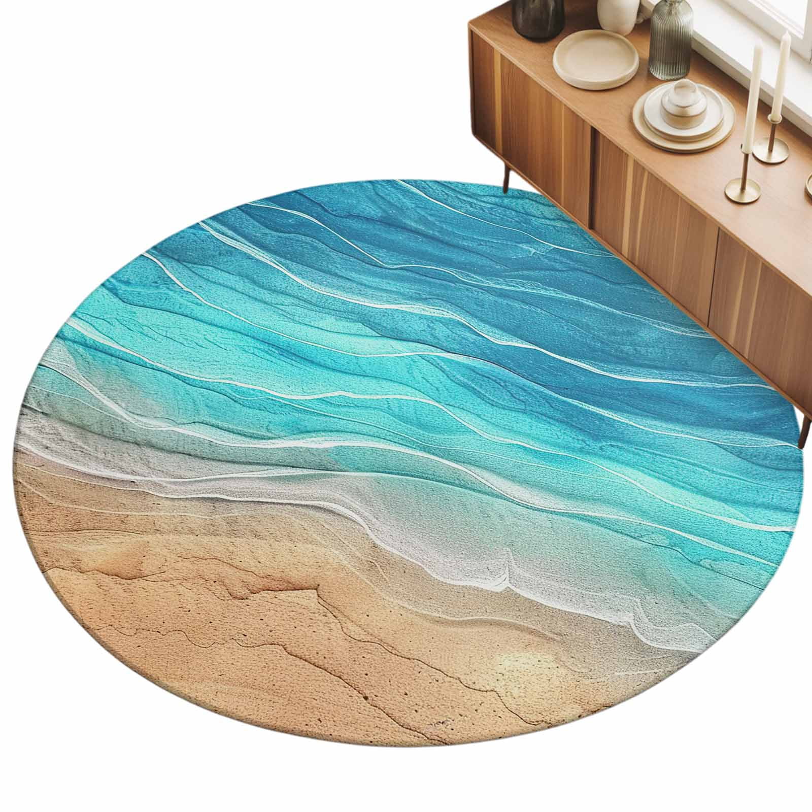 Abstract Turquoise Area Rugs 3' (Round) Ocean Beach Waves Lines ...