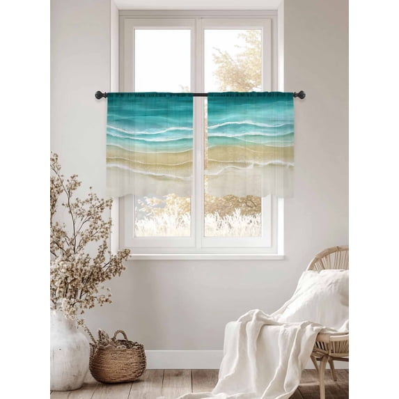 Abstract Turquoise Beige Beach Theme Chiffon Sheer Curtains 45 Inches ...