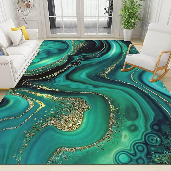 Abstract Turquoise Fluid Marble Area Rug, Blue Wavy Stripes Indoor Non ...