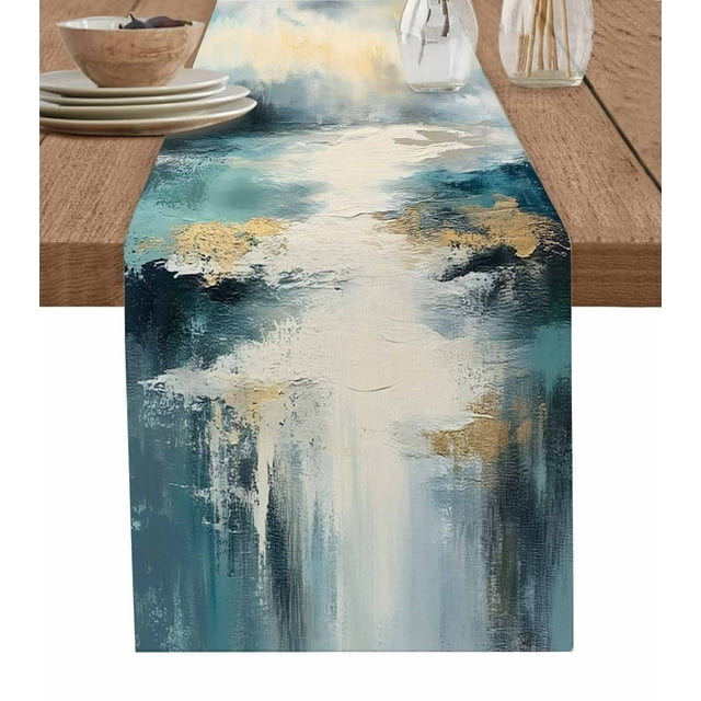 Abstract Turquoise Gold Burlap Cotton Table Runner 13x72 Inches Long ...