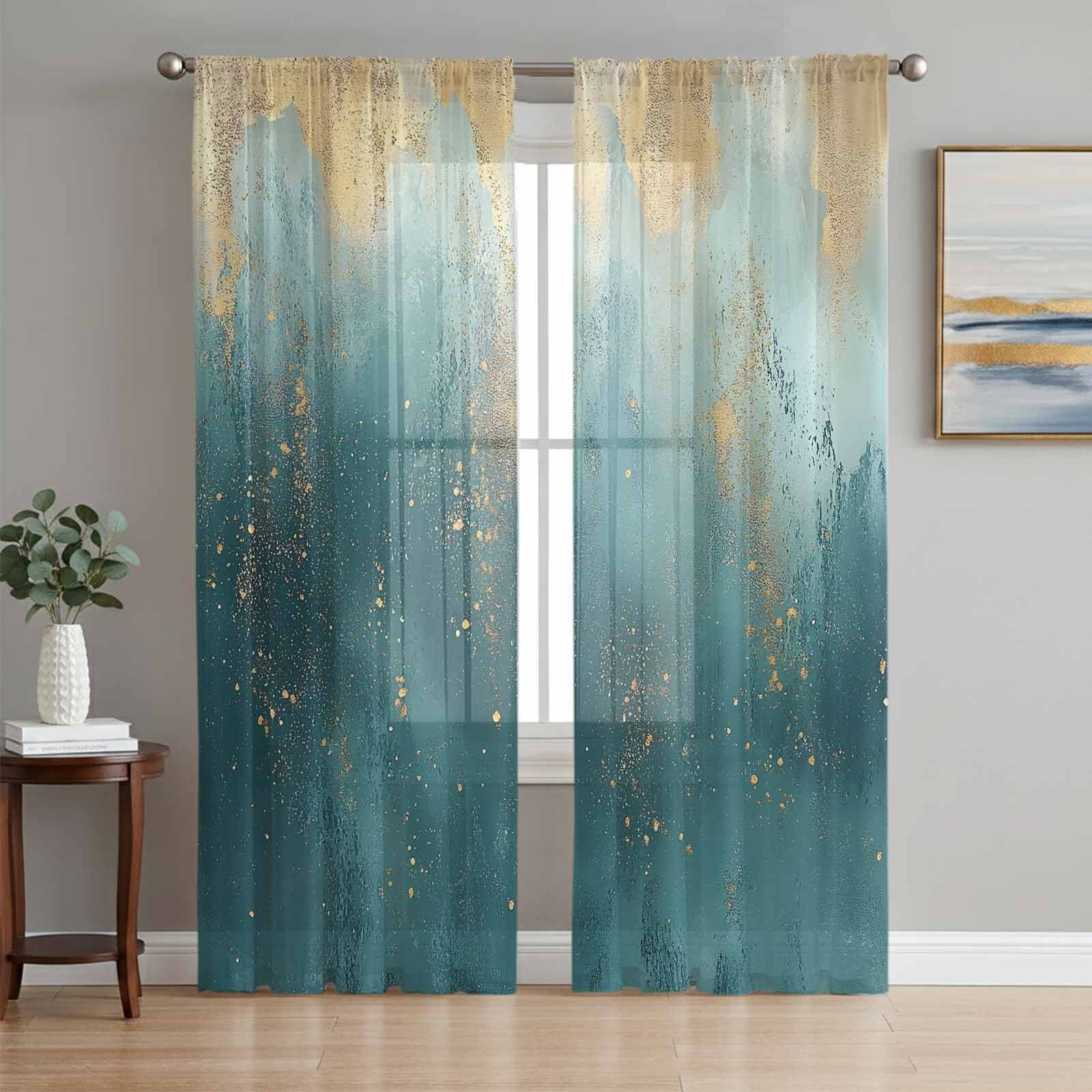 Abstract Turquoise Gold Sheer Curtains 84 Inch Length 2 Panels Set ...