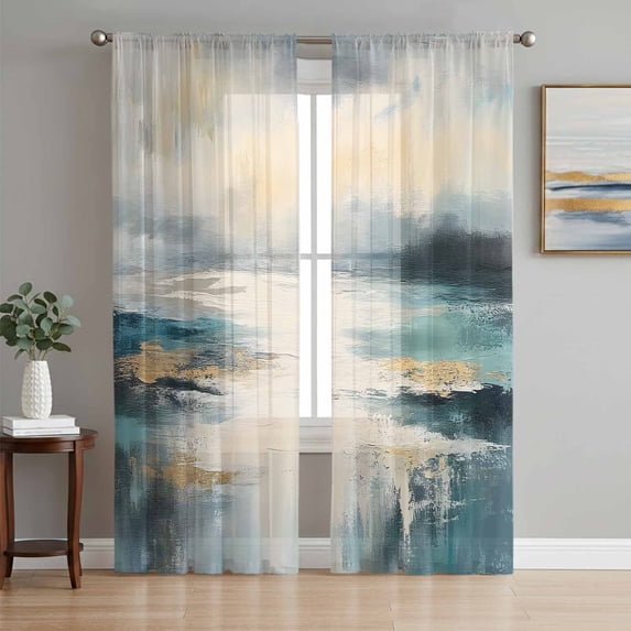 Abstract Turquoise Gold Sheer Curtains 84 Inch Length 2 Panels Set ...