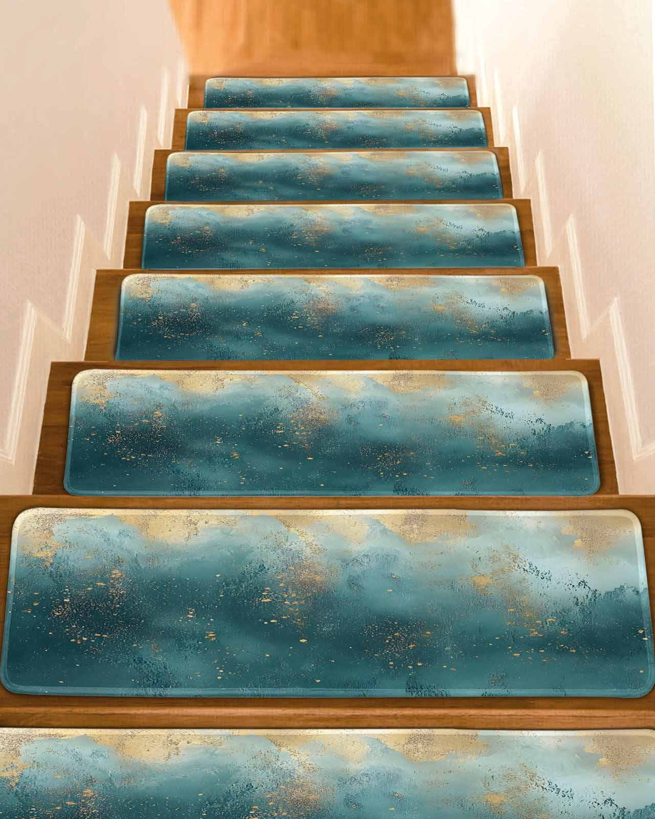Abstract Turquoise Gold Stair Treads for Wooden Steps Indoor Runner Rug ...