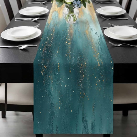 Abstract Turquoise Gold Table Runner 90 Inches Long, Modern Minimalist ...