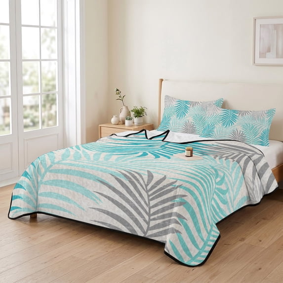 Abstract Turquoise Gray Palms Leaves Plants 3 Pieces Quilt Set,1 Quilt ...