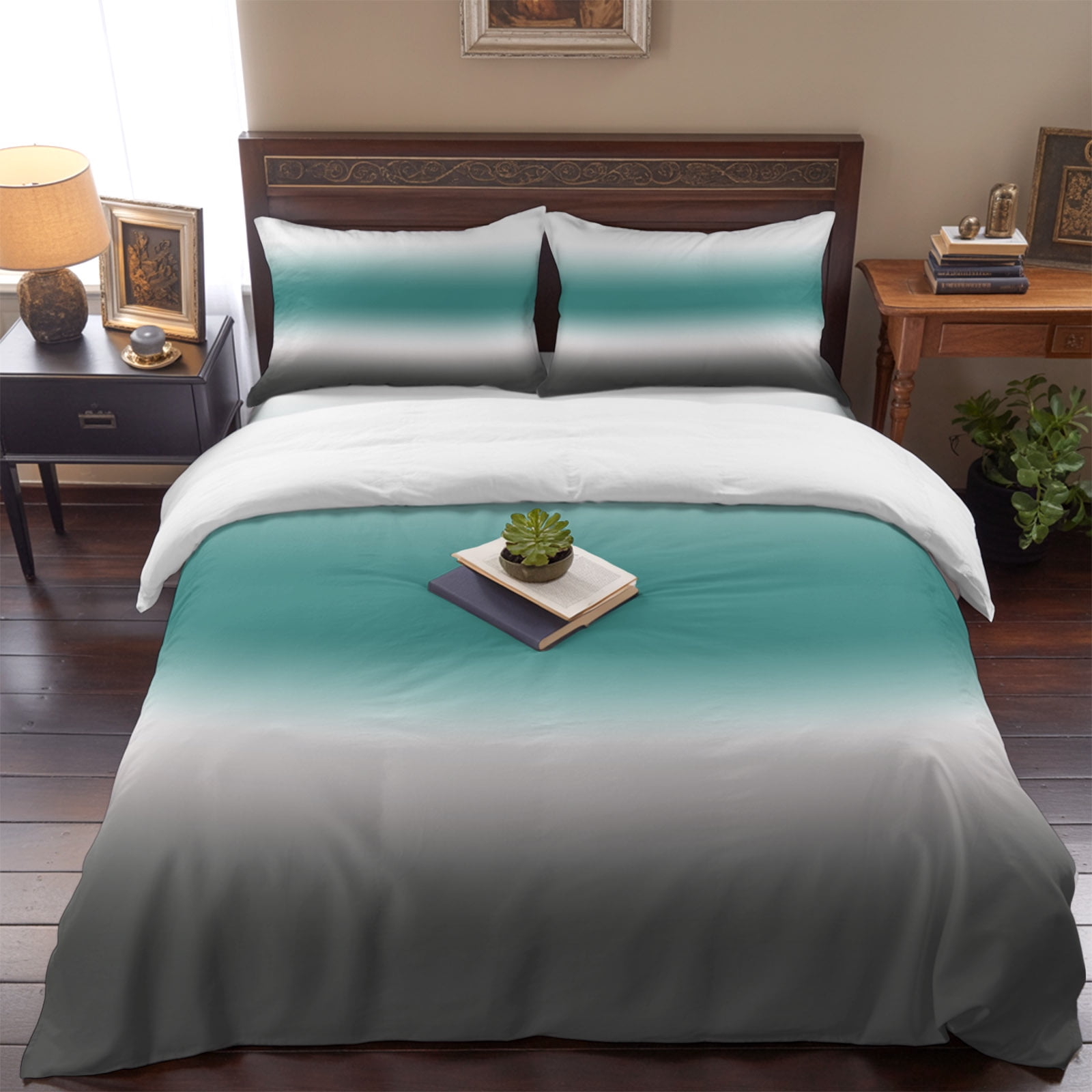 Abstract Turquoise Grey Gradient Queen Size Bed Set,Retro Nordic Style ...