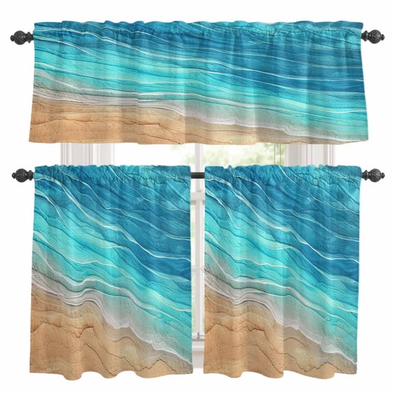 Abstract Turquoise Kitchen Curtains Set for Windows, Ocean Beach Waves ...