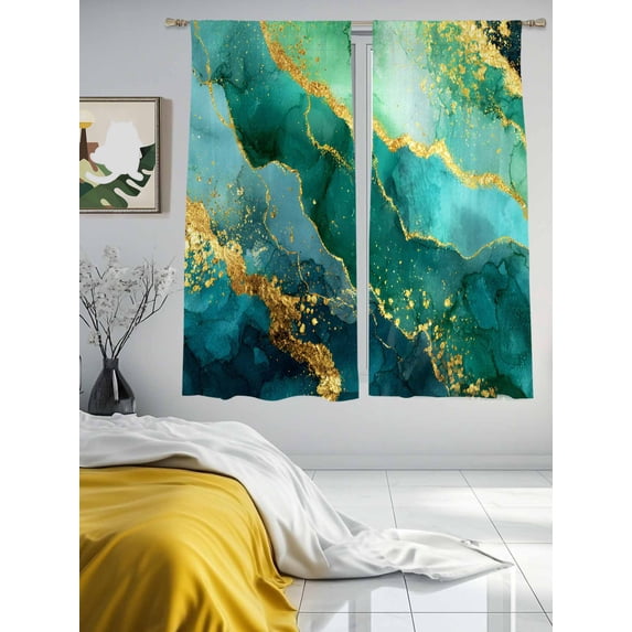 Abstract Turquoise Marble Texture Sheer Curtains 2 Panels Set Gold Line ...
