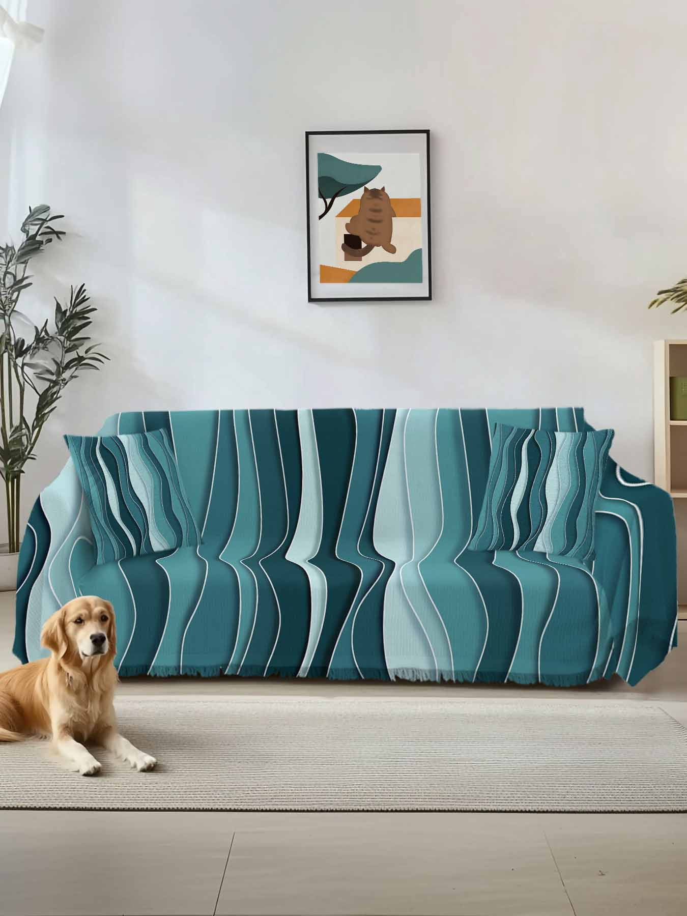 Abstract Turquoise Moire Couch Cover, Gradient Coastal Ocean Geometric ...