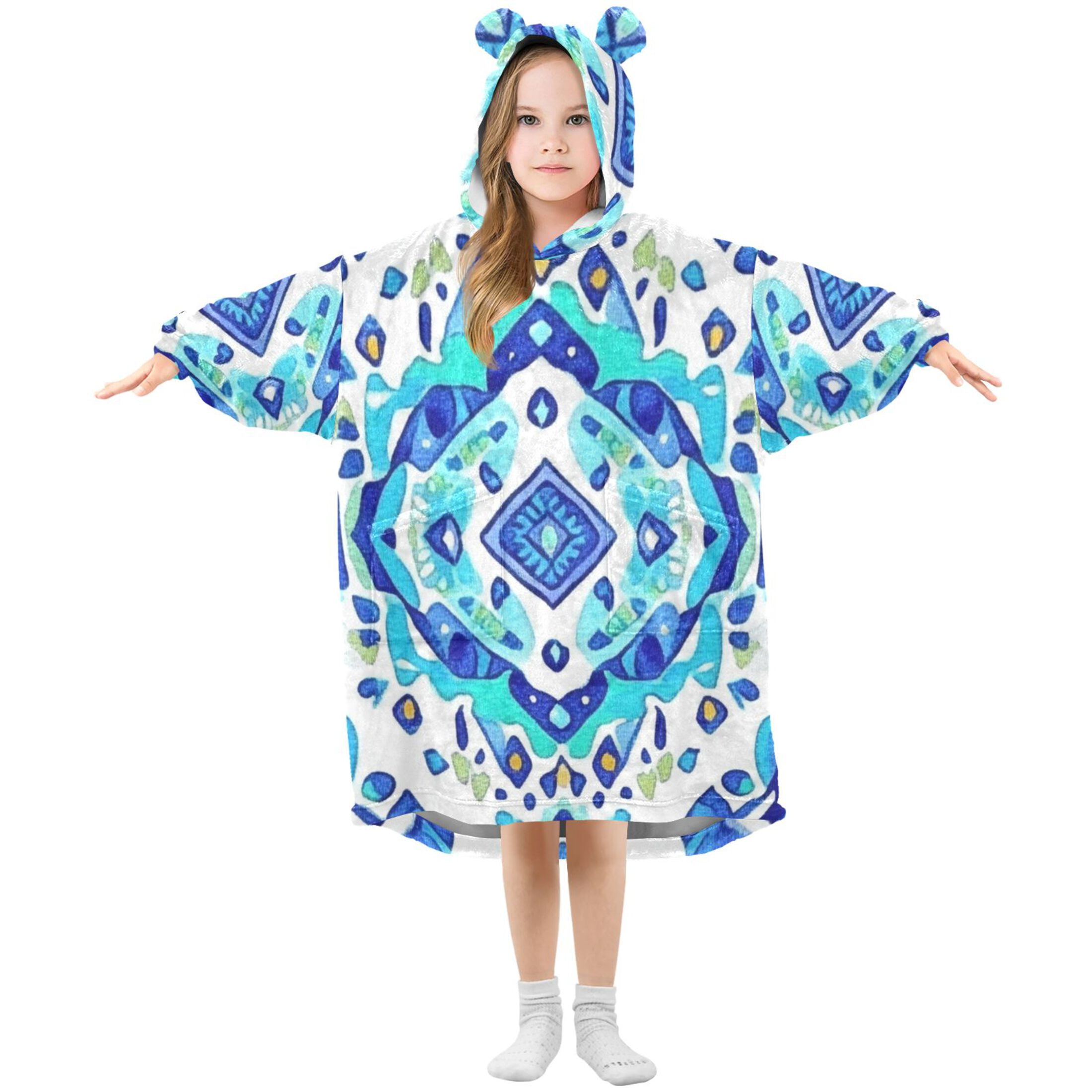 Abstract Turquoise Rhombus Flannel Wearable Blankets Hooded Design Long ...