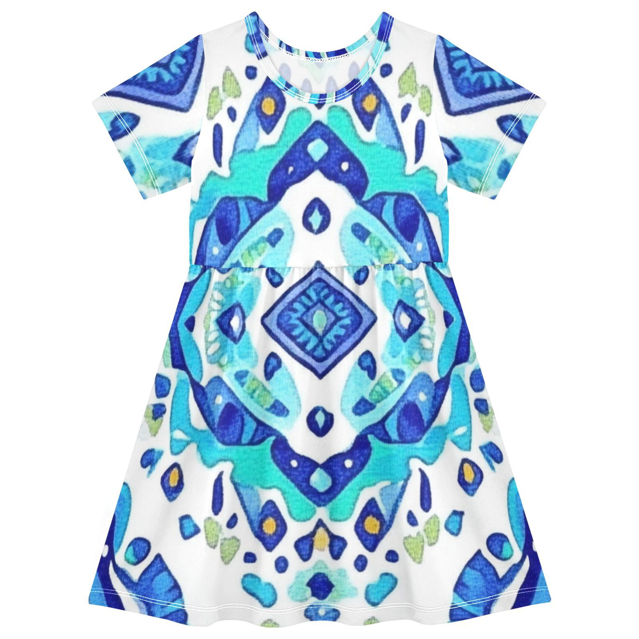 Abstract Turquoise Rhombus Girls' Short Sleeve Dress A-Line One-Piece ...
