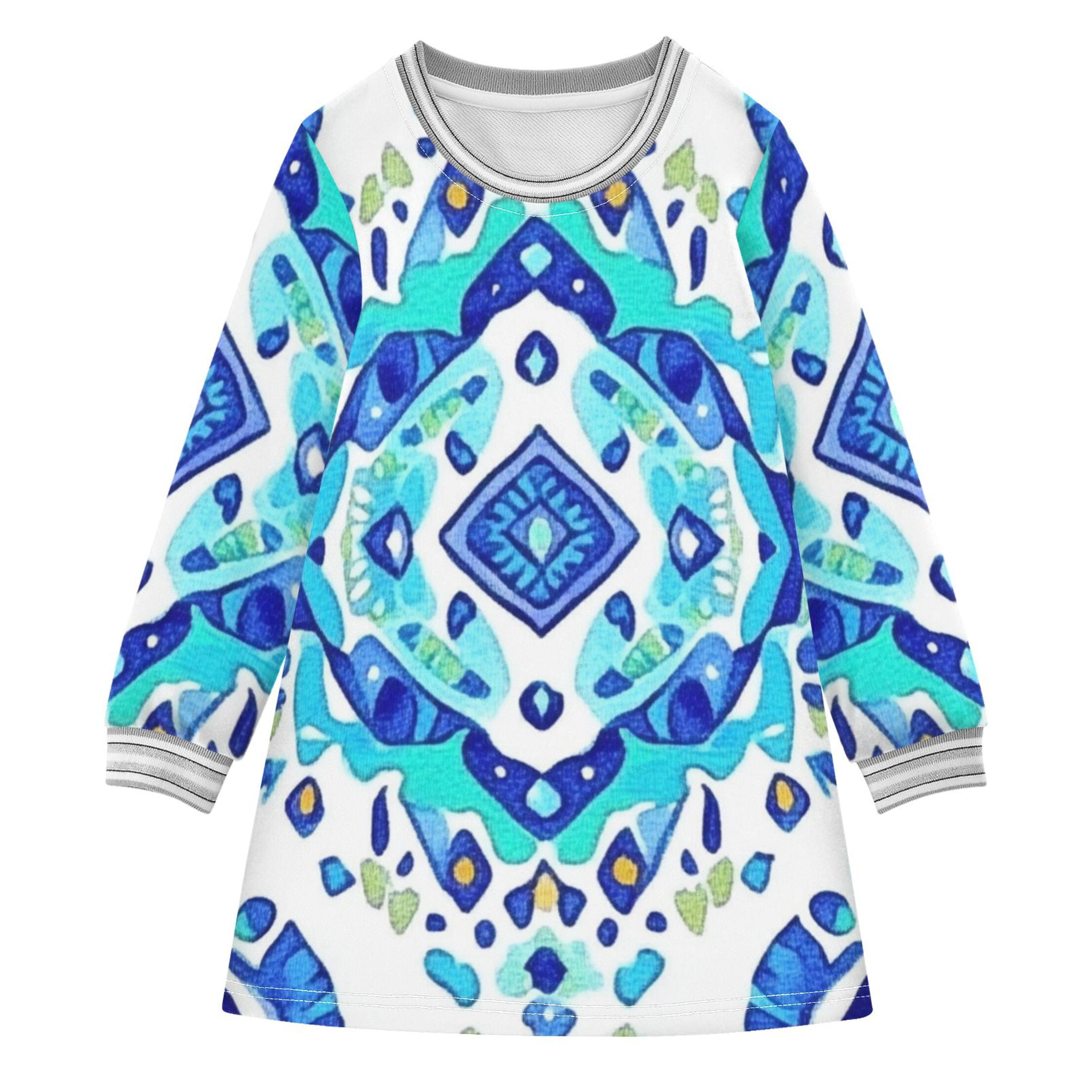 Abstract Turquoise Rhombus Long-sleeved Dress A-line One-Piece Dress ...
