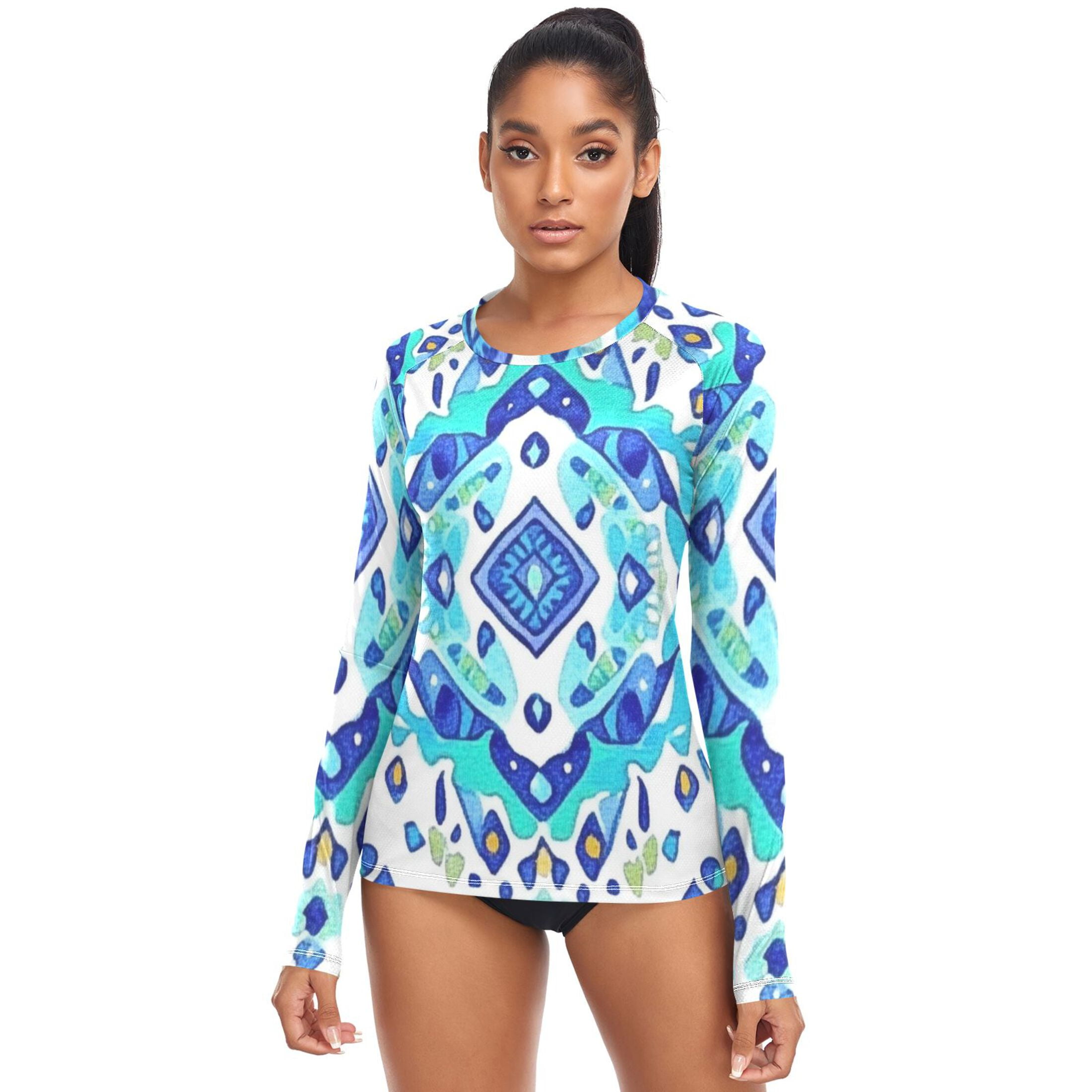 Abstract Turquoise Rhombus Women's Rash Guard Shirts UPF 50+ Sun ...